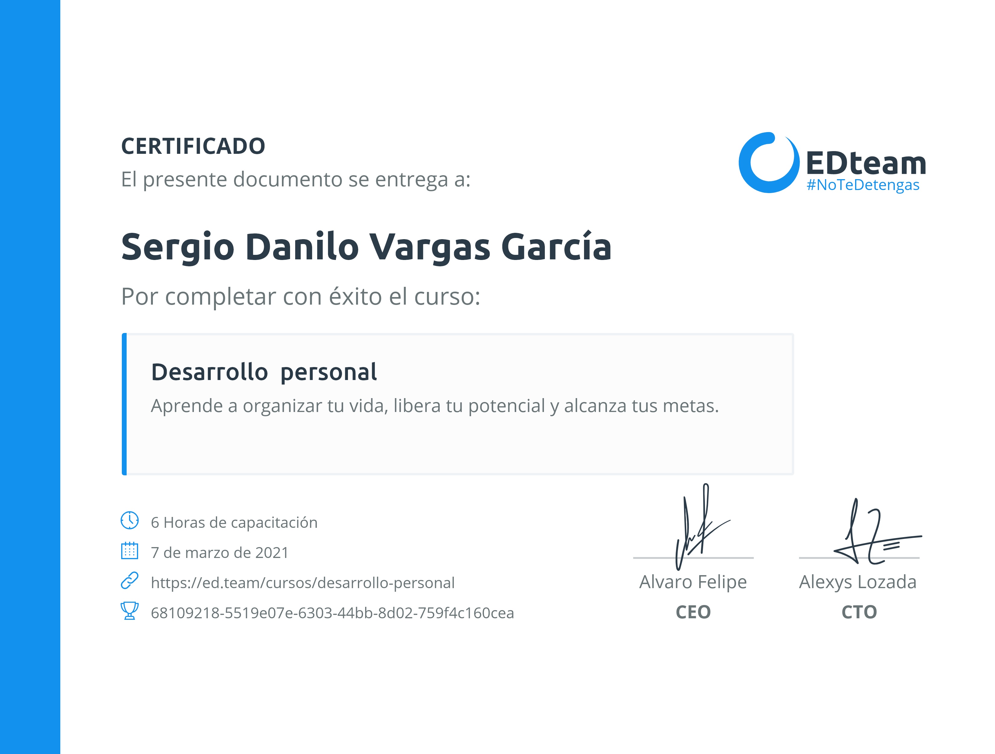 Certificado de Sergio Danilo Vargas García del curso Desarrollo personal | EDteam