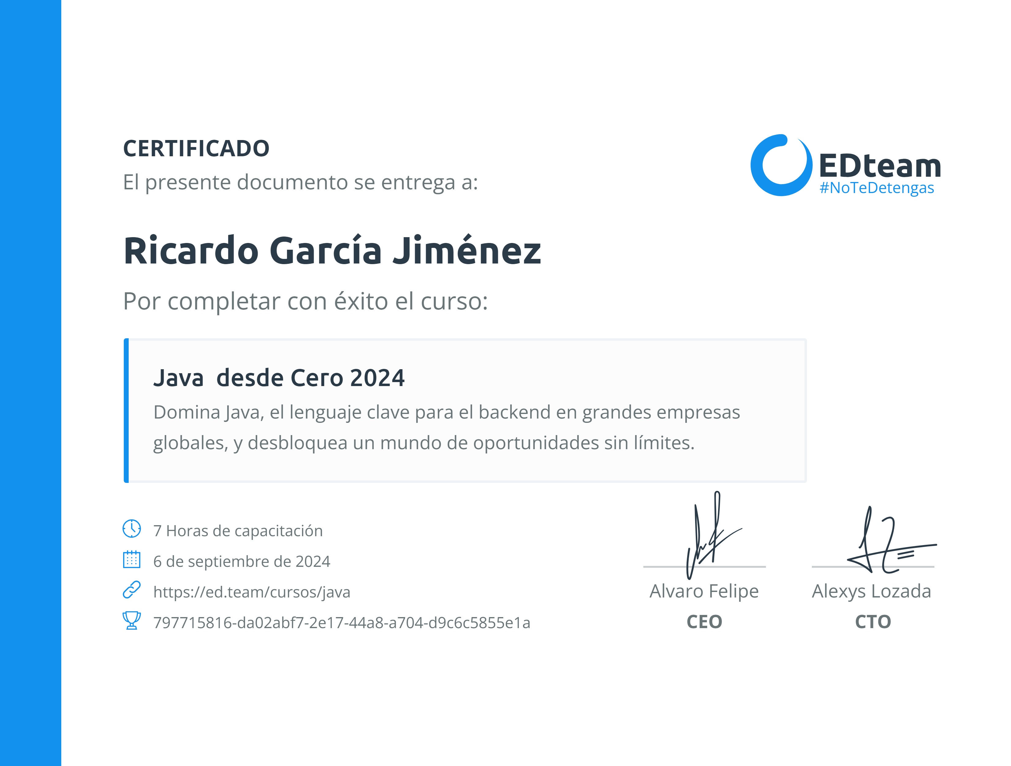 Certificado de Ricardo García Jiménez del curso Java desde Cero 2024 ...