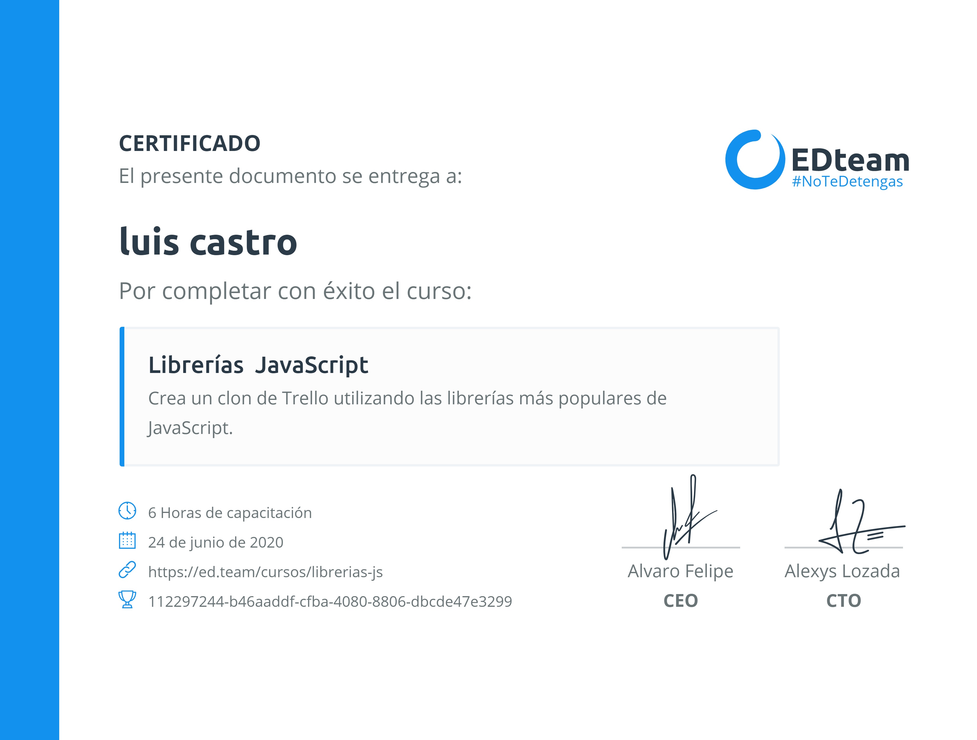 Certificado de luis castro del curso Librerías JavaScript | EDteam