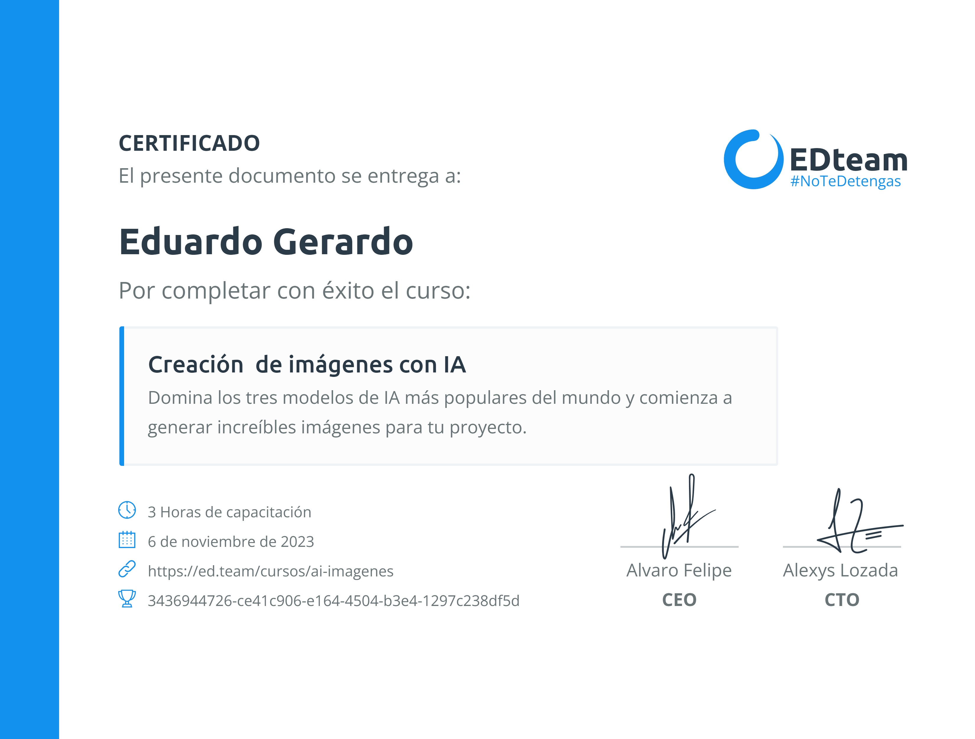 Certificado de Eduardo Gerardo del curso Creación de imágenes con IA ...