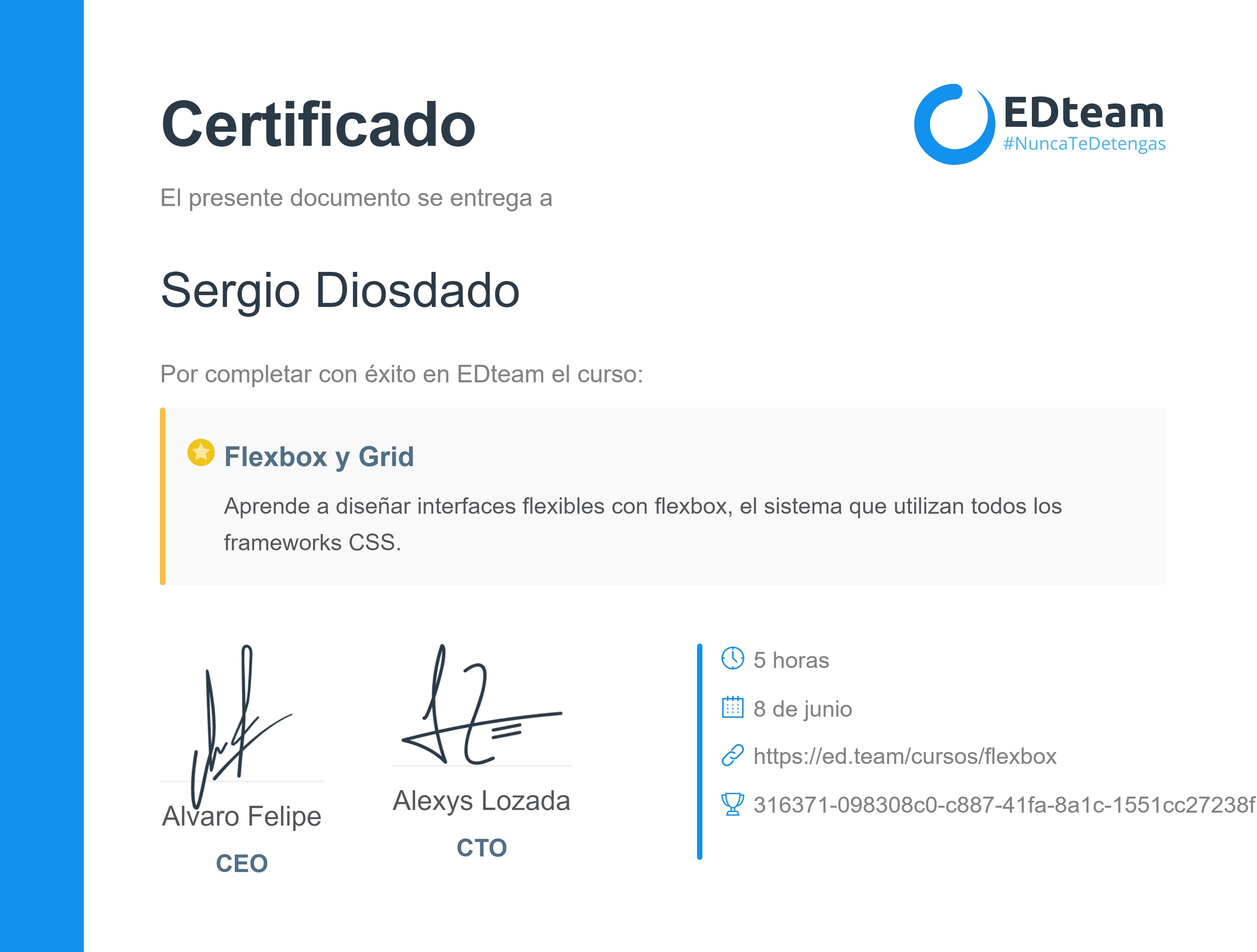 Certificado de Sergio Diosdado del curso Flexbox y Grid | EDteam