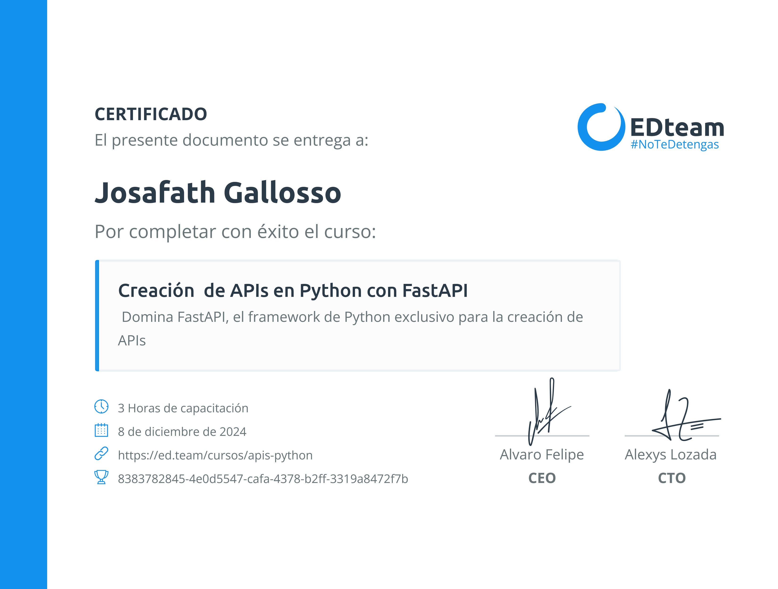Certificado de Josafath Gallosso del curso Creación de APIs en Python con FastAPI | EDteam