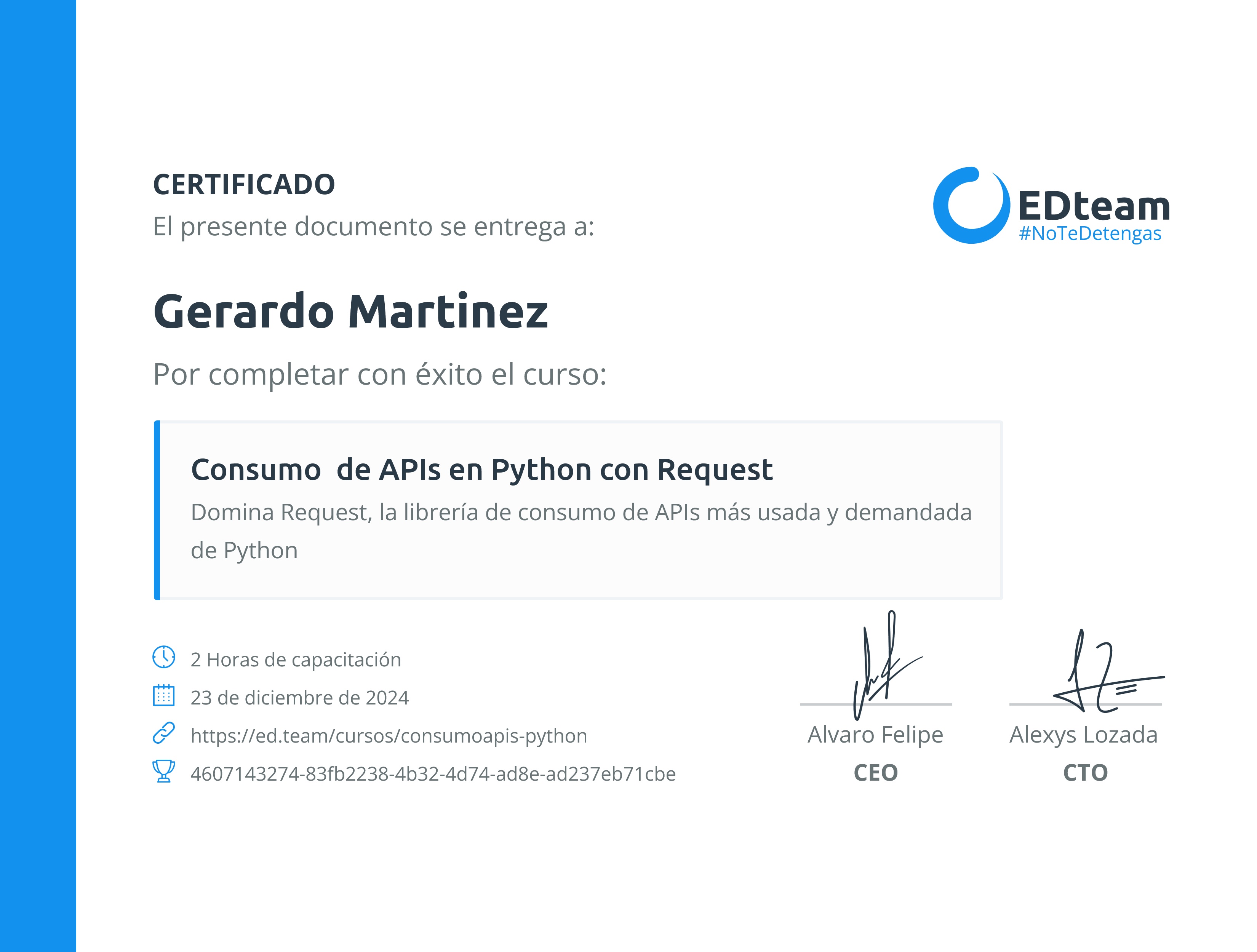 Certificado de Gerardo Martinez del curso Consumo de APIs en Python con ...