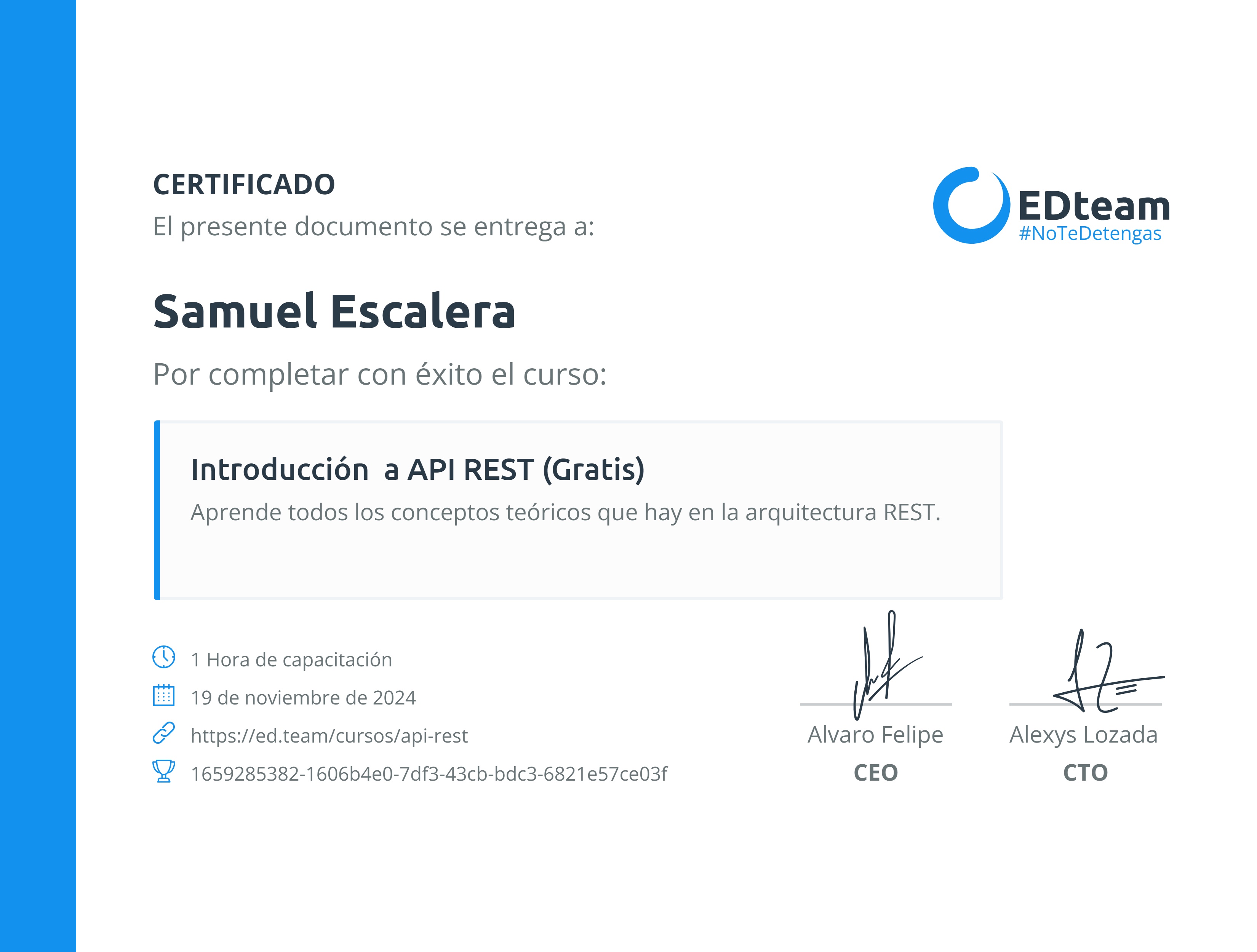 Certificado de Samuel Escalera del curso Introducción a API REST ...