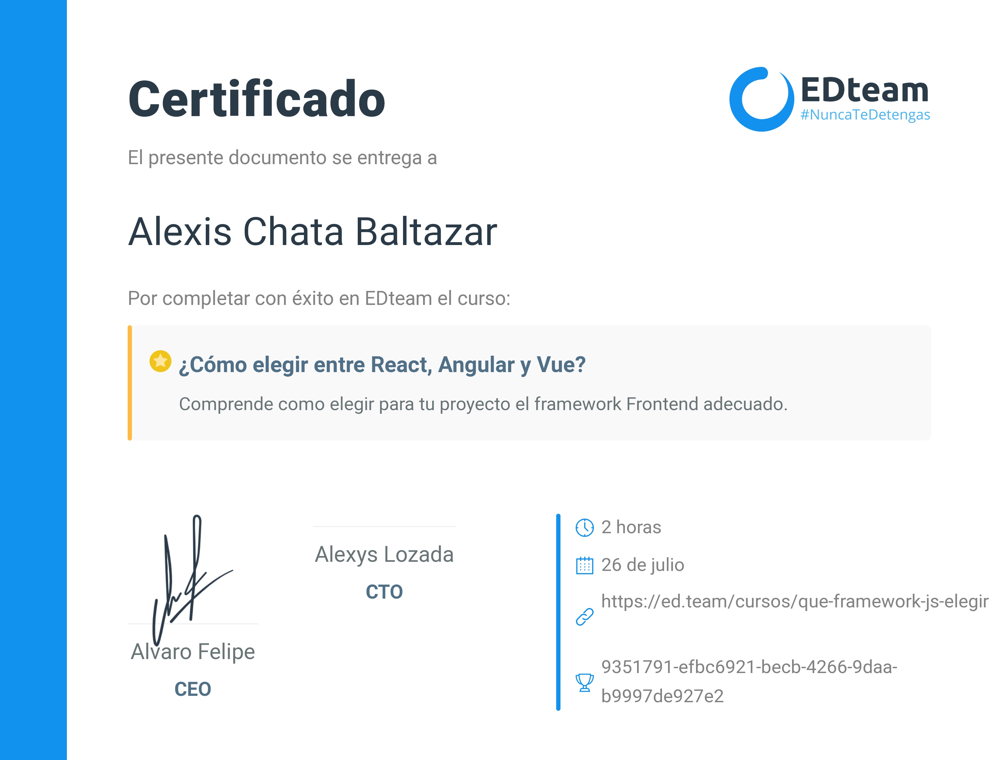 Certificado de Alexis Chata del curso ¿Cómo elegir entre React, Angular y Vue? | EDteam