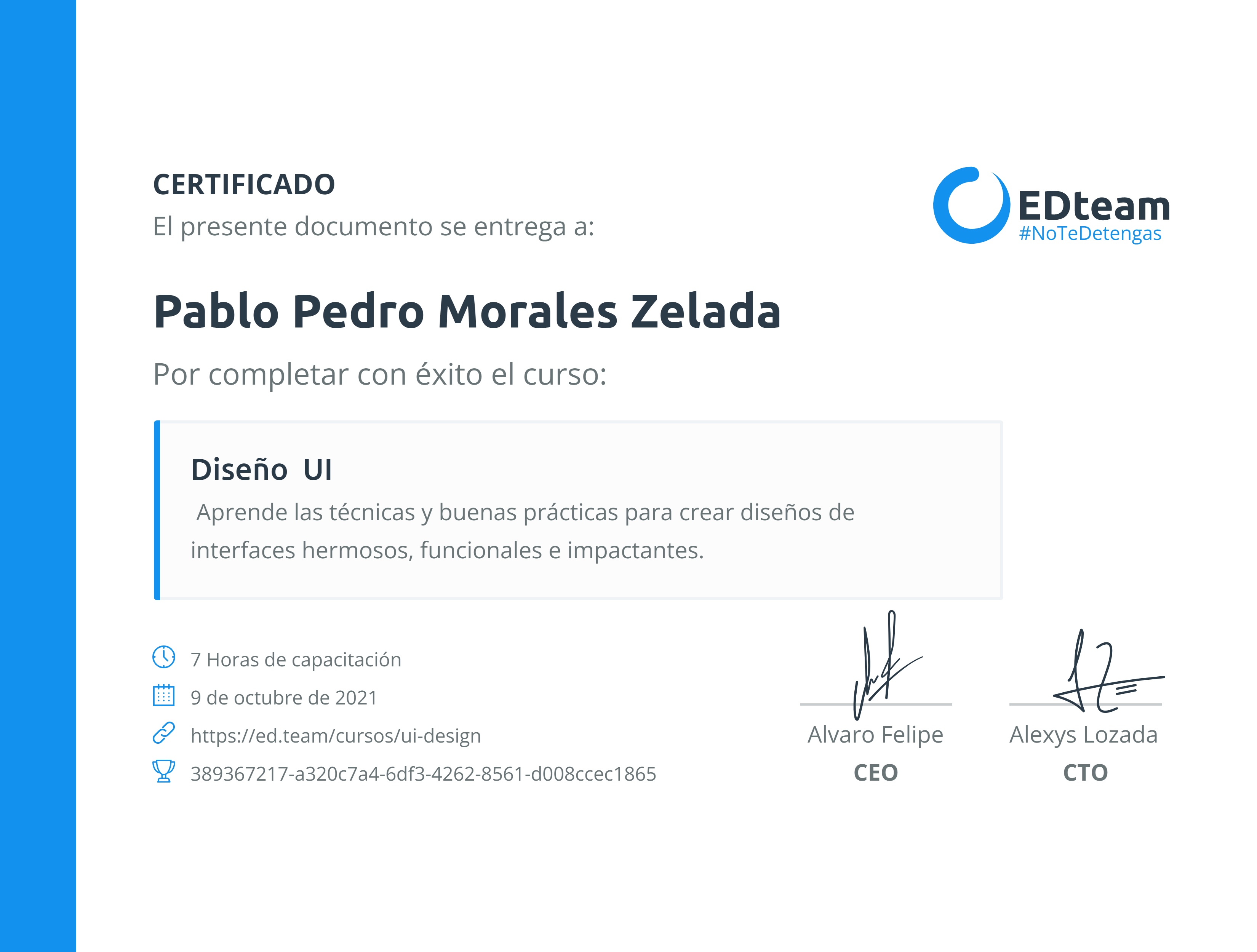 Certificado de Pablo Pedro Morales Zelada del curso Diseño UI | EDteam