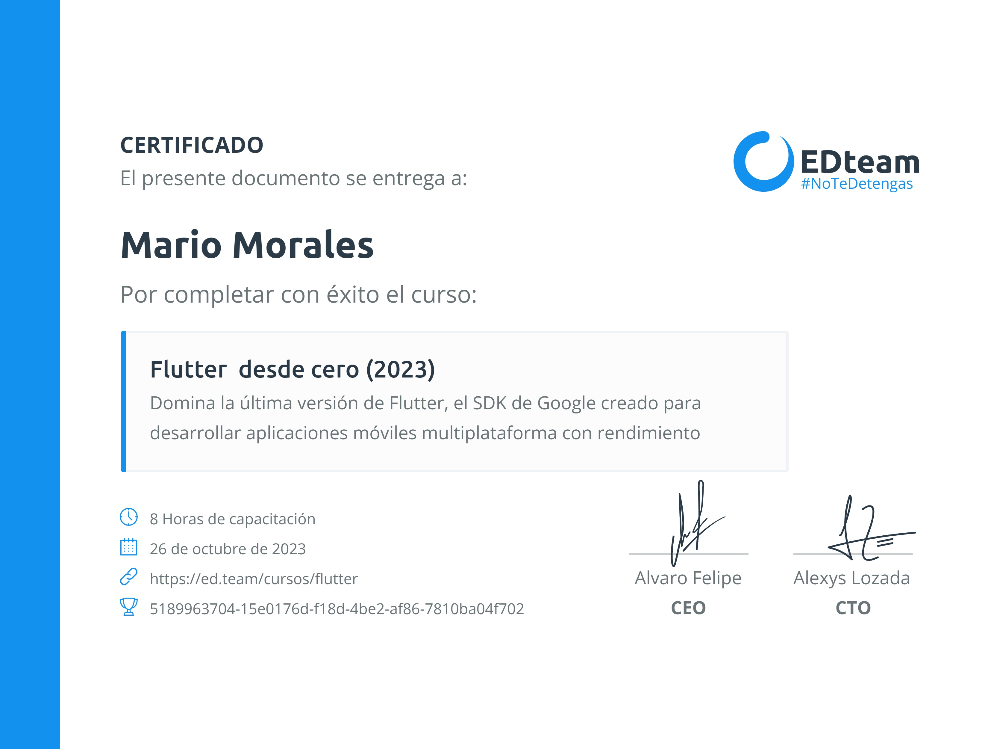 Certificado de Mario Morales del curso Flutter desde cero | EDteam