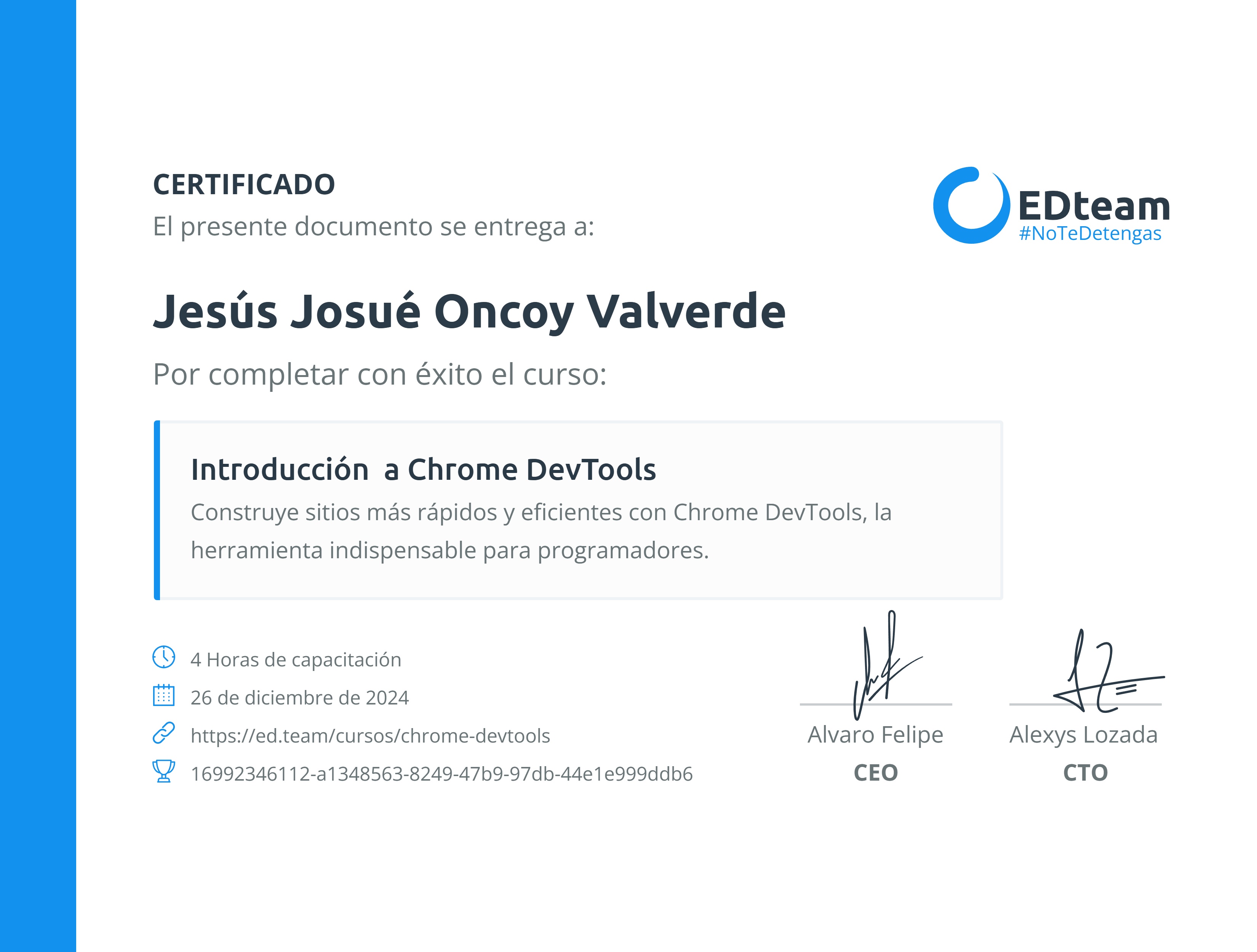 Certificado de Jesús Josué Oncoy Valverde del curso Introducción a Chrome DevTools | EDteam