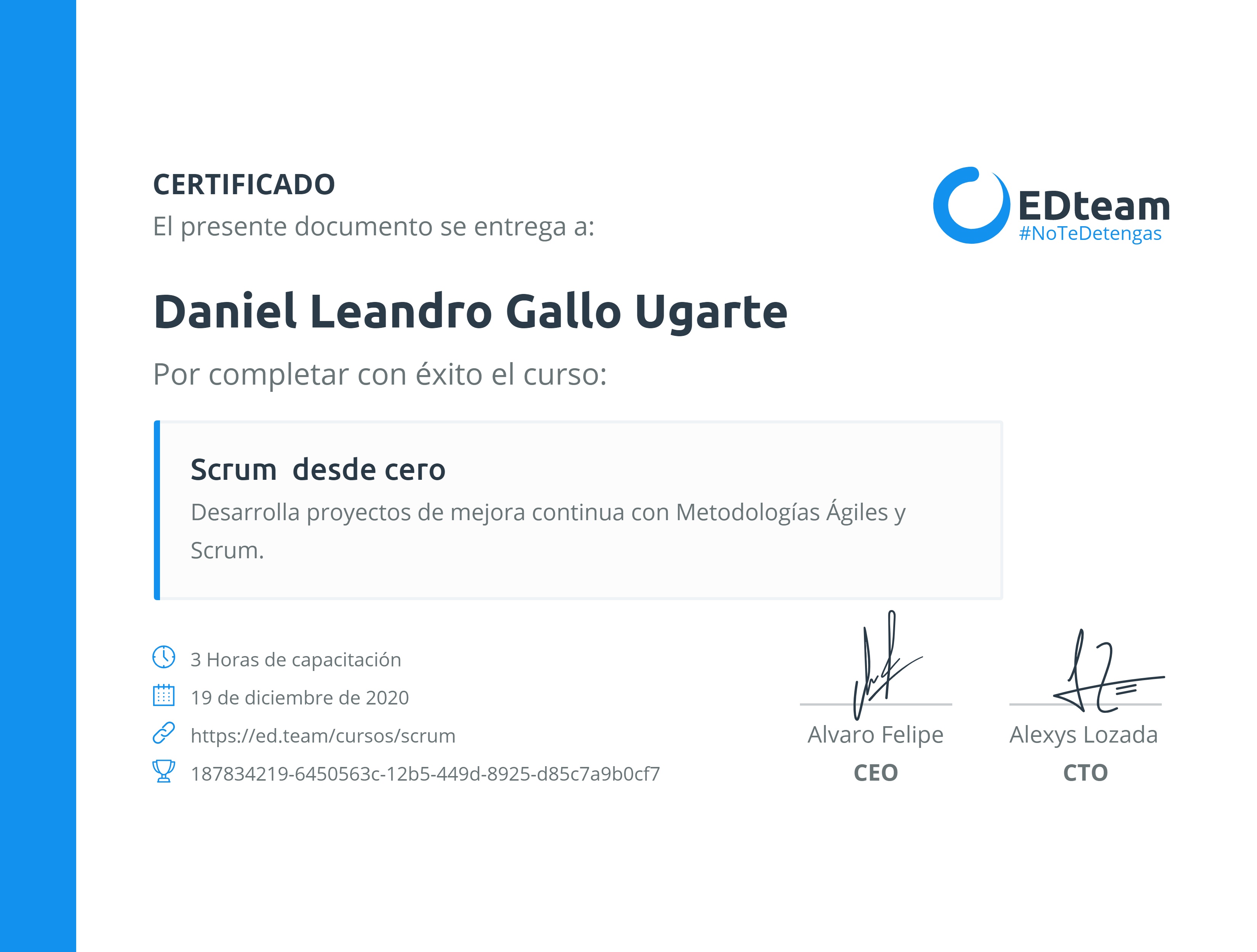 Certificado de Daniel Leandro Gallo Ugarte del curso Scrum desde cero | EDteam