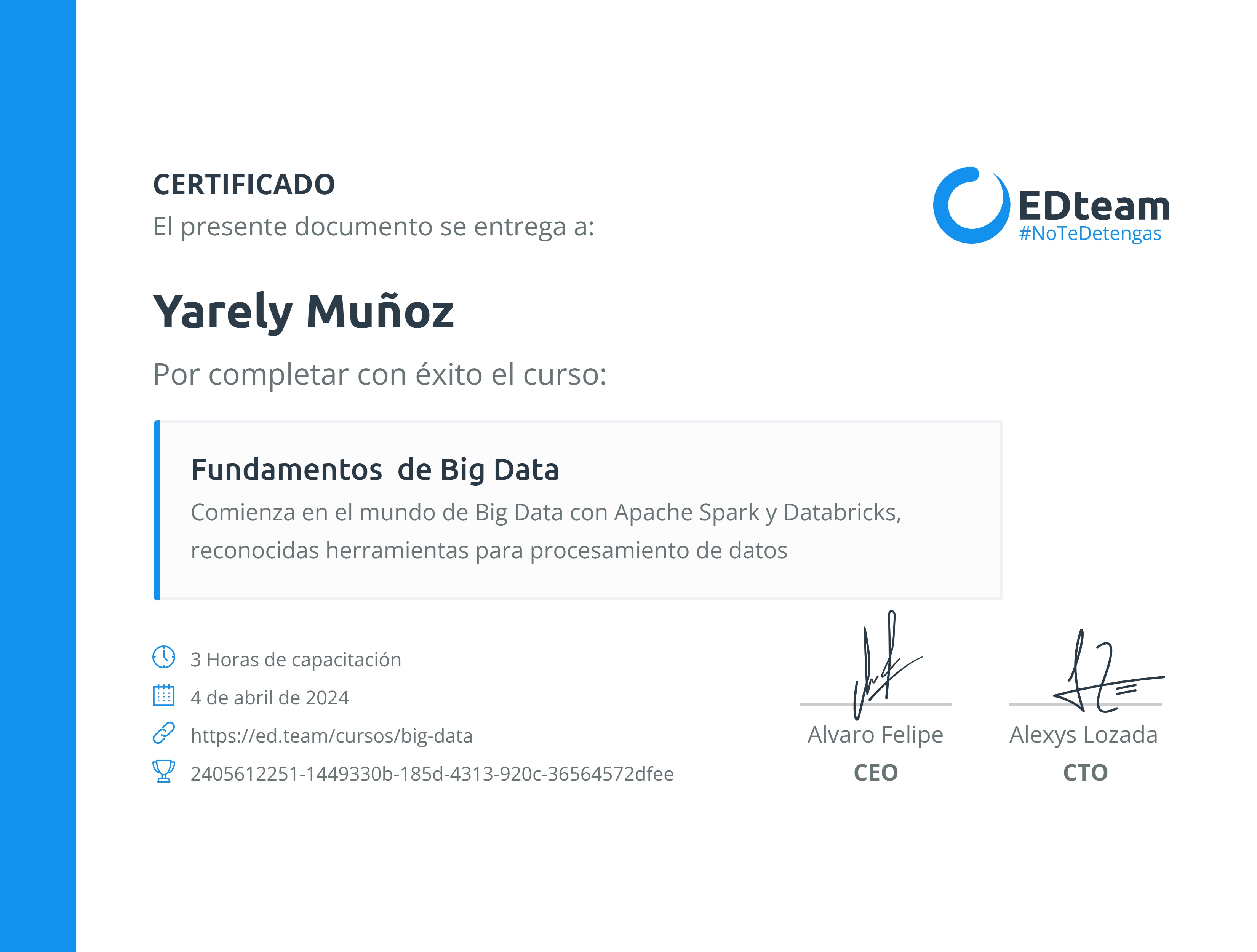 Certificado de Yarely Muñoz del curso Fundamentos de Big Data | EDteam