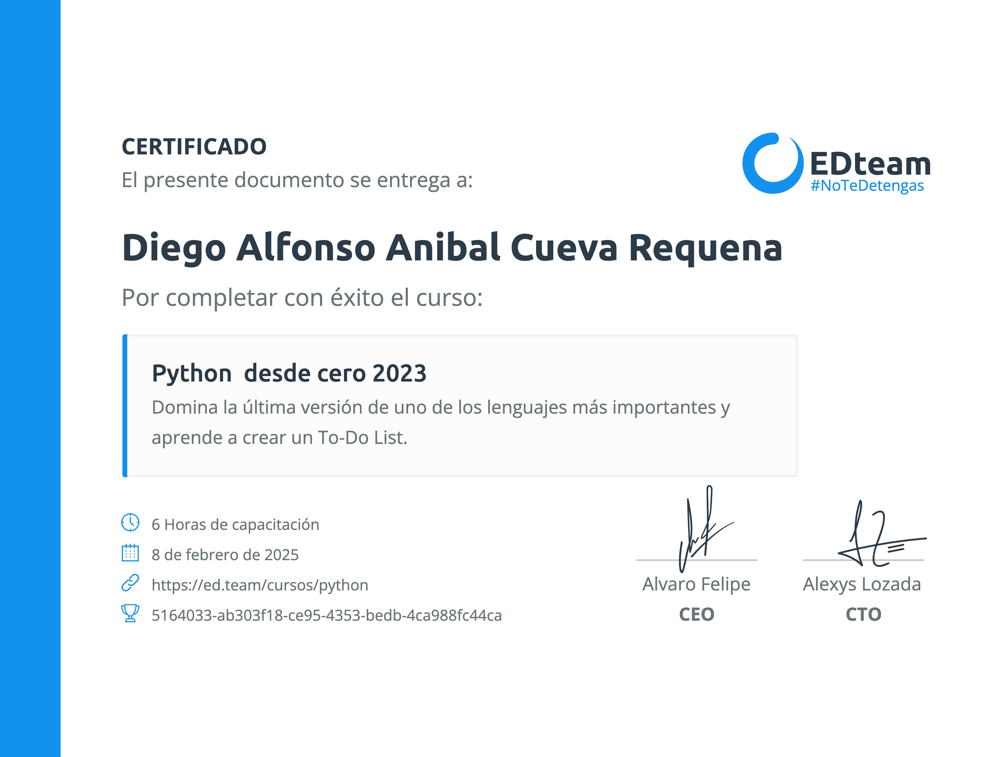 Certificado de Diego Alfonso Anibal Cueva Requena del curso Python desde cero 2023 | EDteam