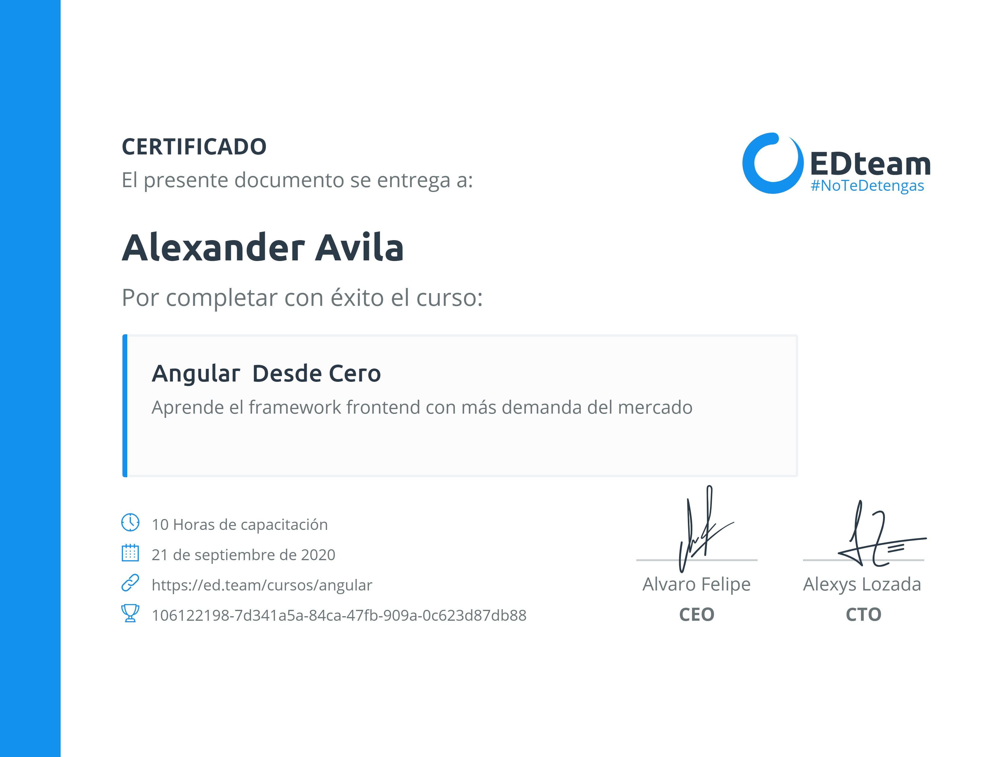 Certificado de Alexander Avila del curso Angular Desde Cero | EDteam