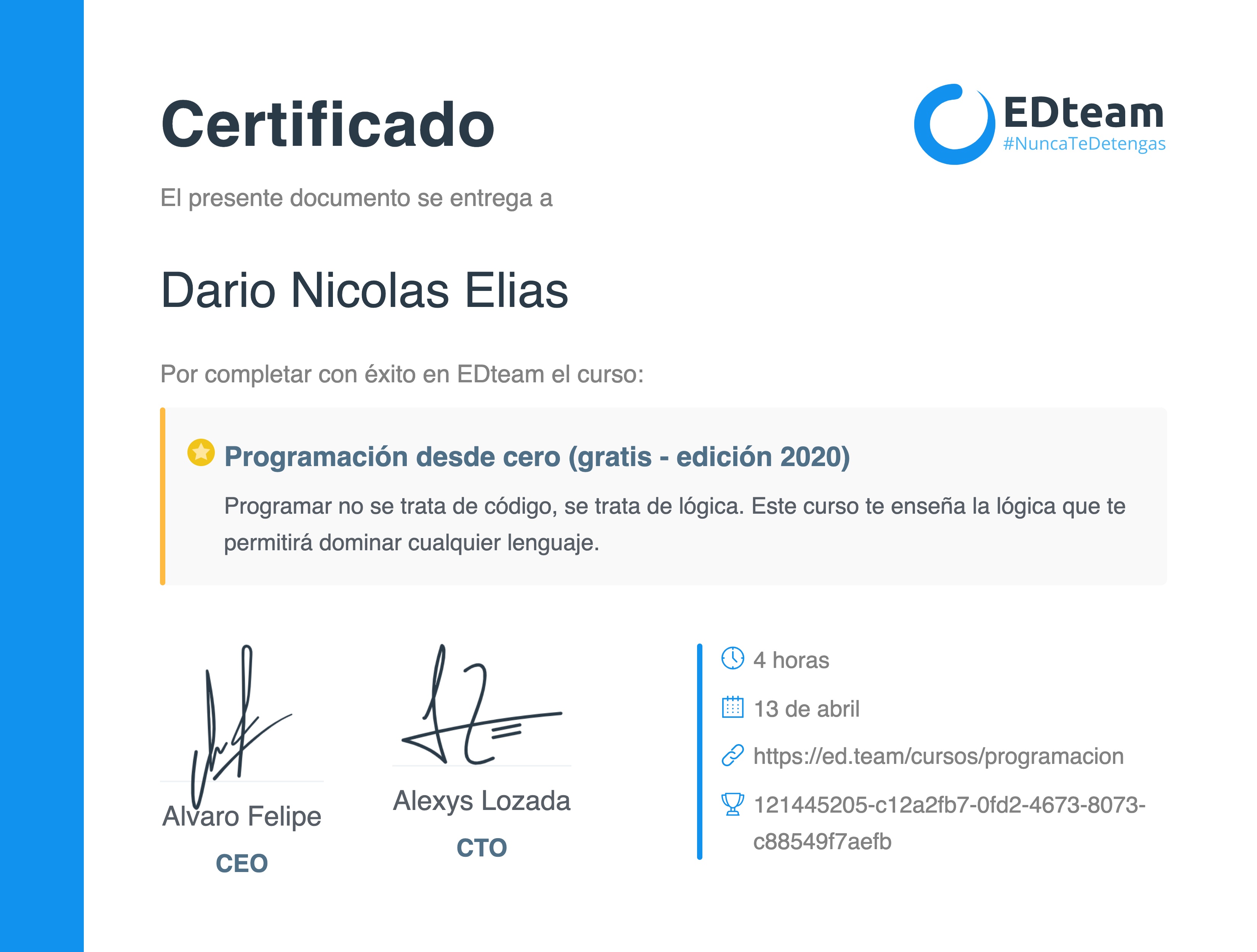 Certificado de Dario Nicolas Elias del curso Programación desde cero (2019) | EDteam