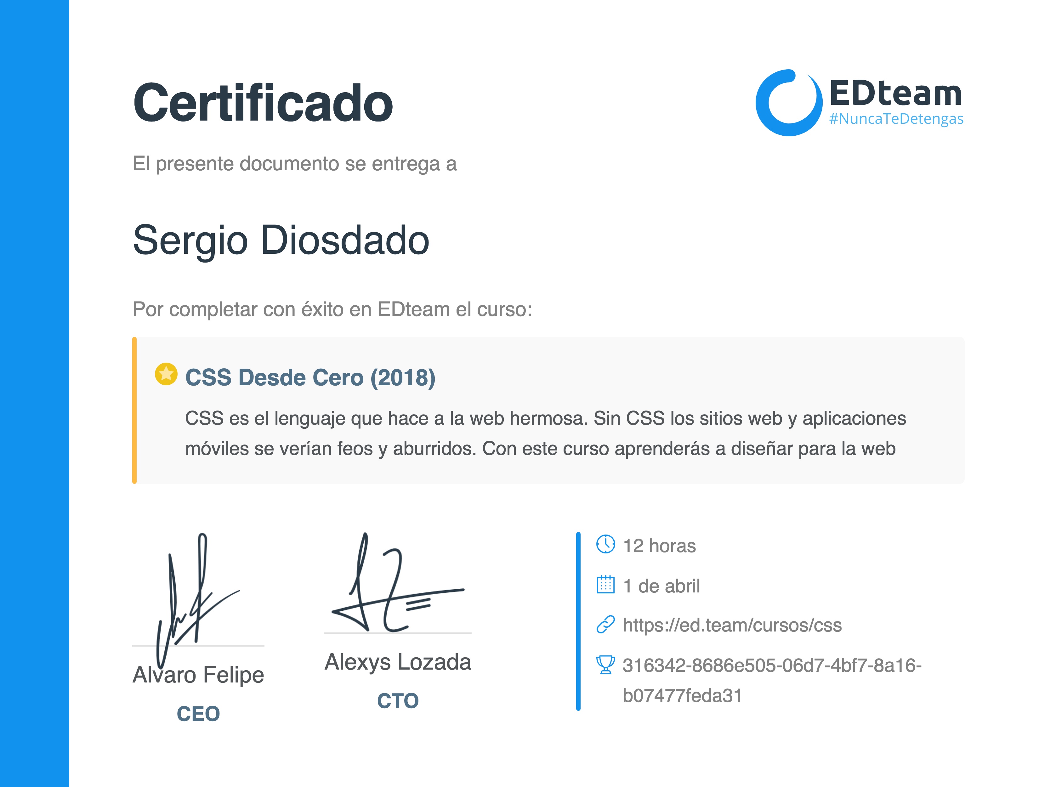 Certificado de Sergio Diosdado del curso CSS Desde Cero (2018) | EDteam