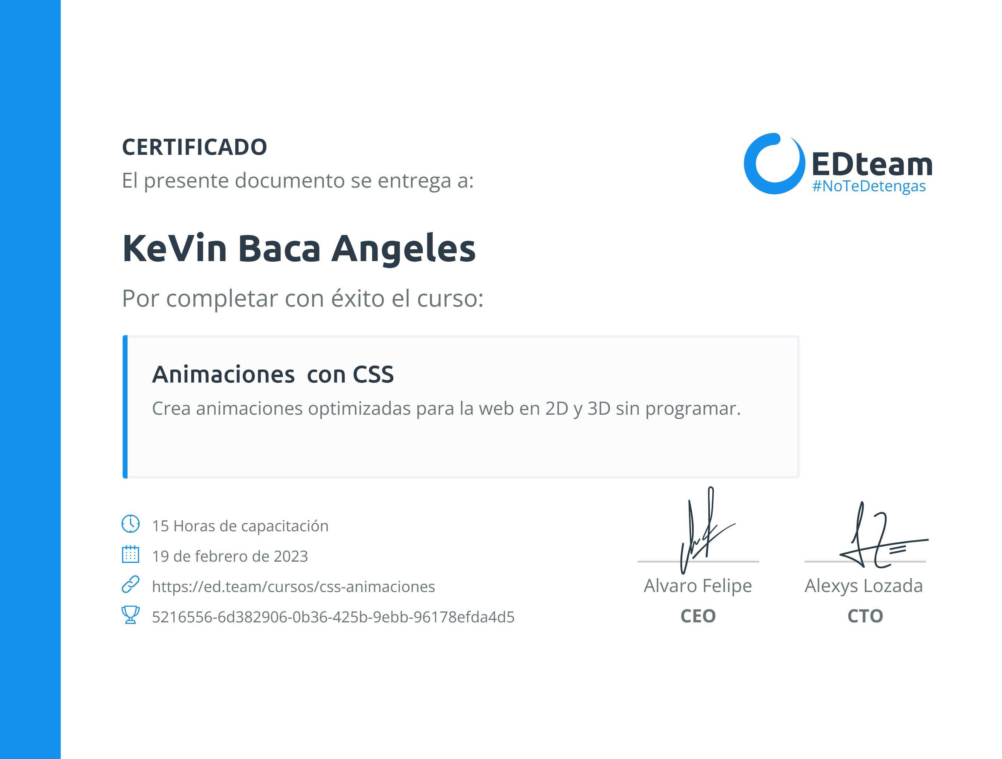 Certificado de KeVin Baca Angeles del curso Animaciones con CSS | EDteam