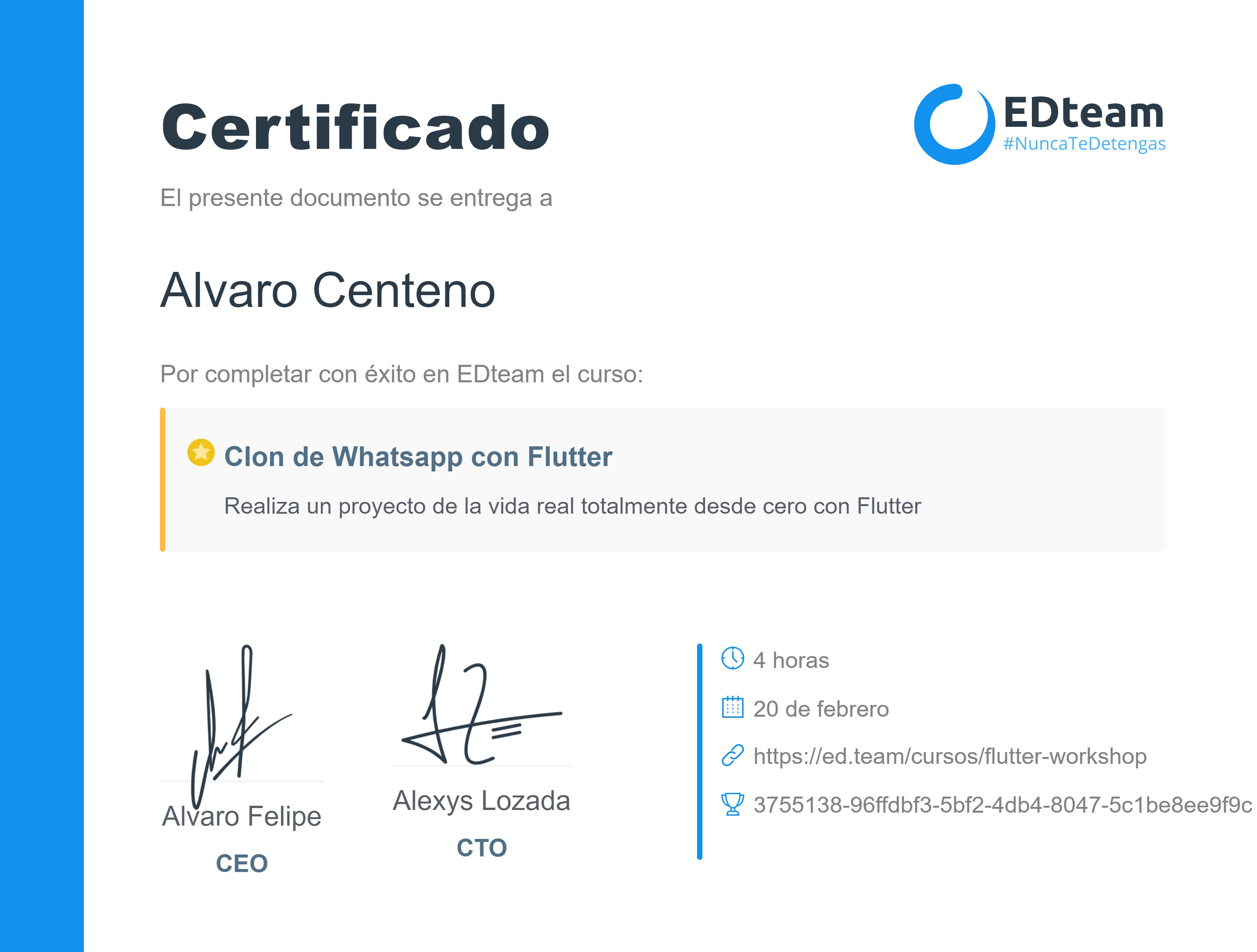 Certificado de Alvaro Centeno del curso Clon de Whatsapp con Flutter | EDteam