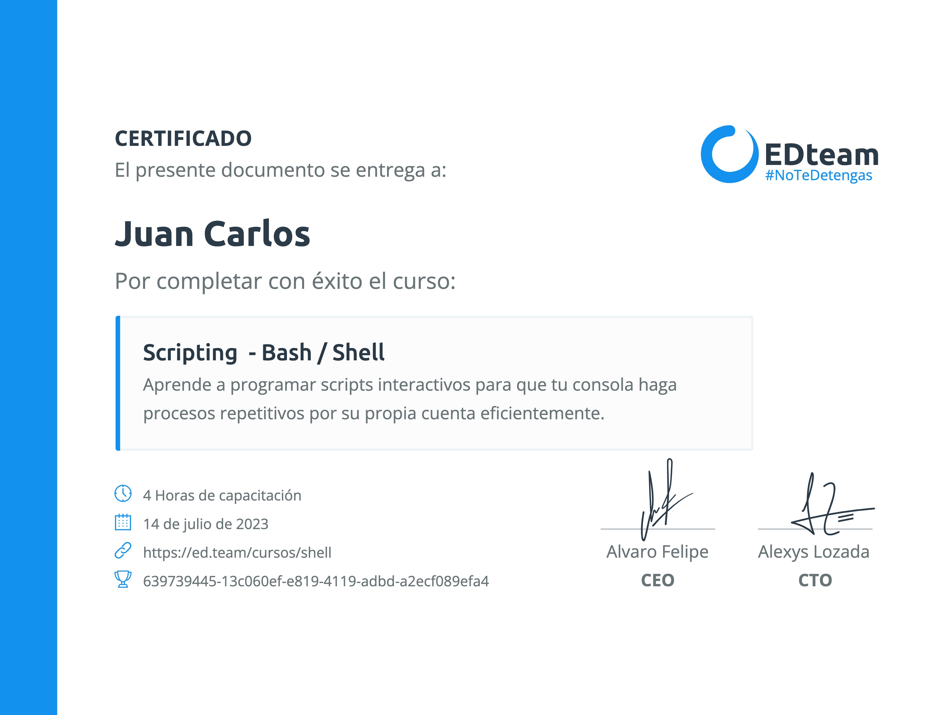 Certificado de Juan Carlos del curso Scripting - Bash / Shell | EDteam