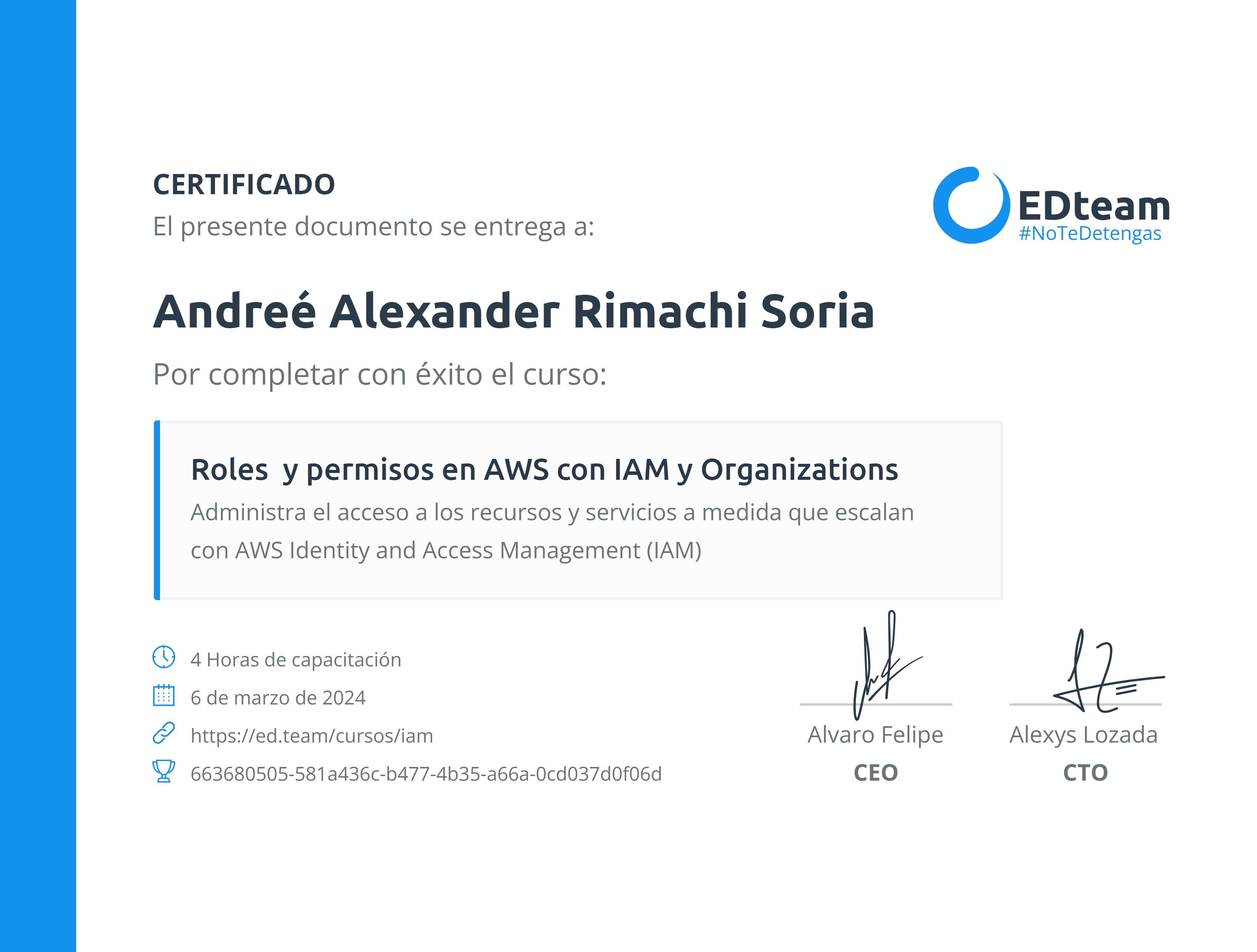 Certificado de Andreé Alexander Rimachi Soria del curso Roles y permisos en AWS con IAM y ...