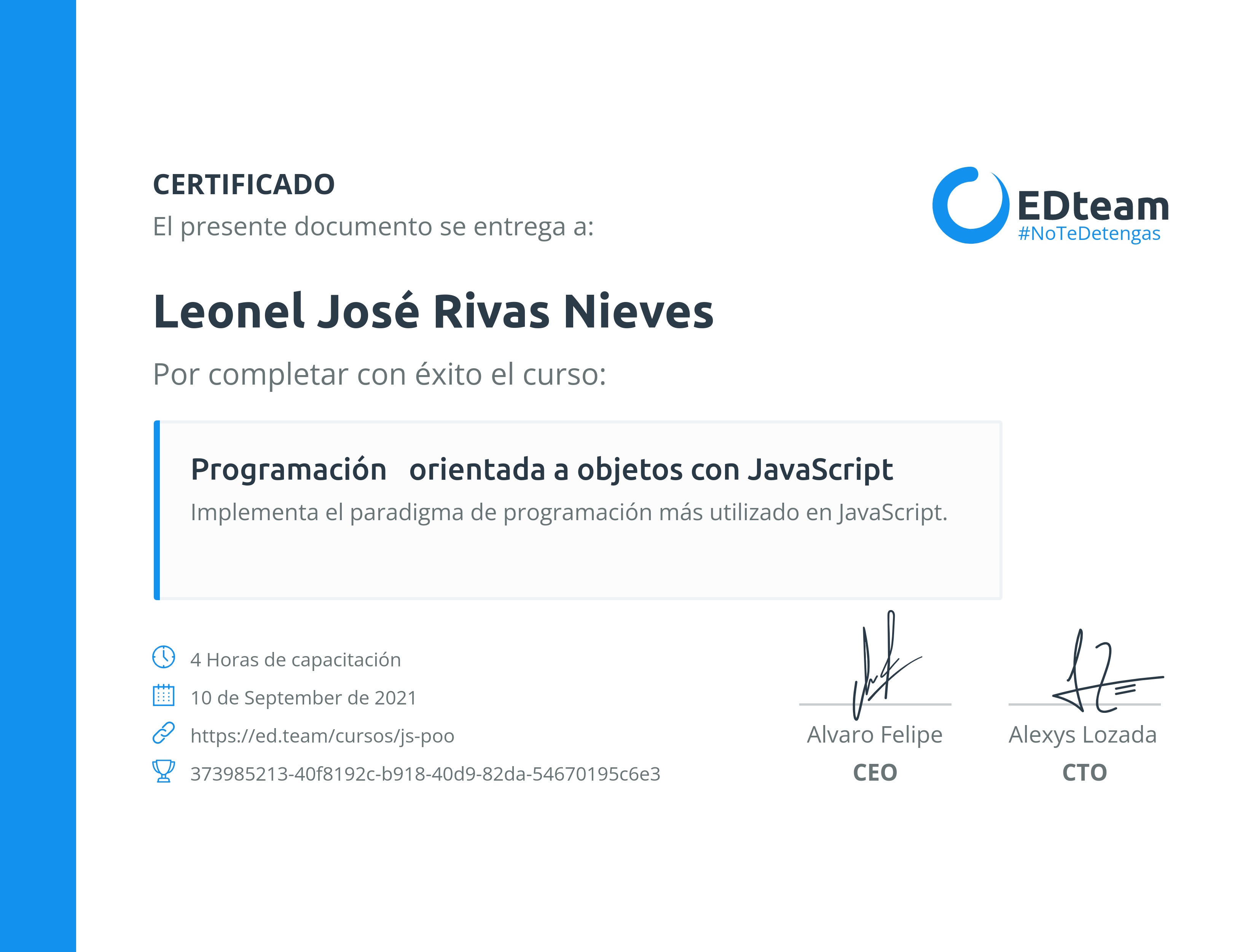 Certificado de Leonel José Rivas Nieves del curso Programación ...