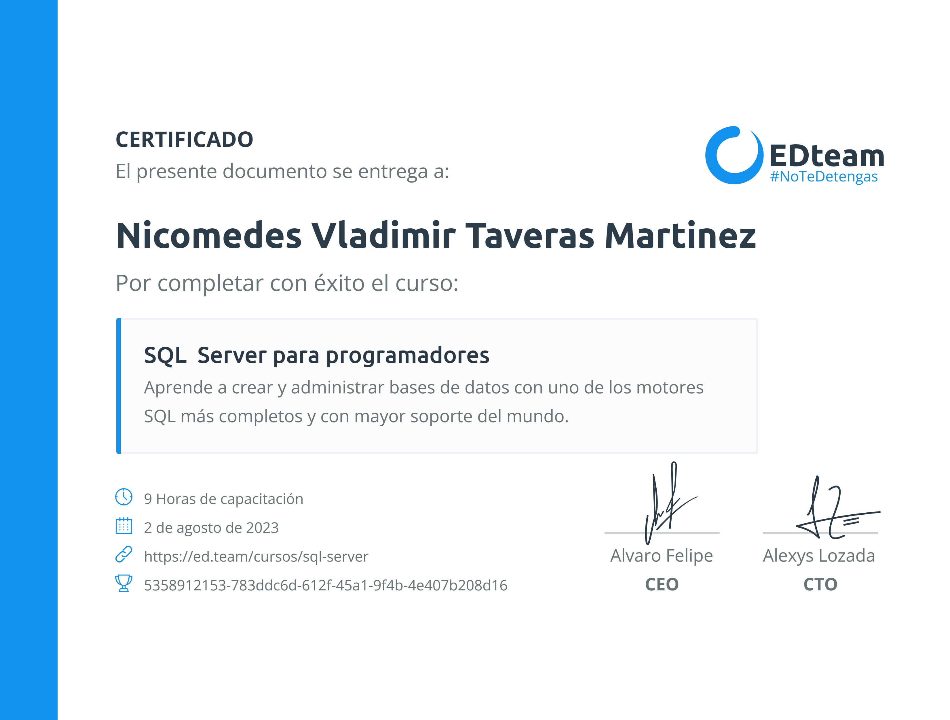 Certificado de Nicomedes Vladimir Taveras Martinez del curso SQL Server ...