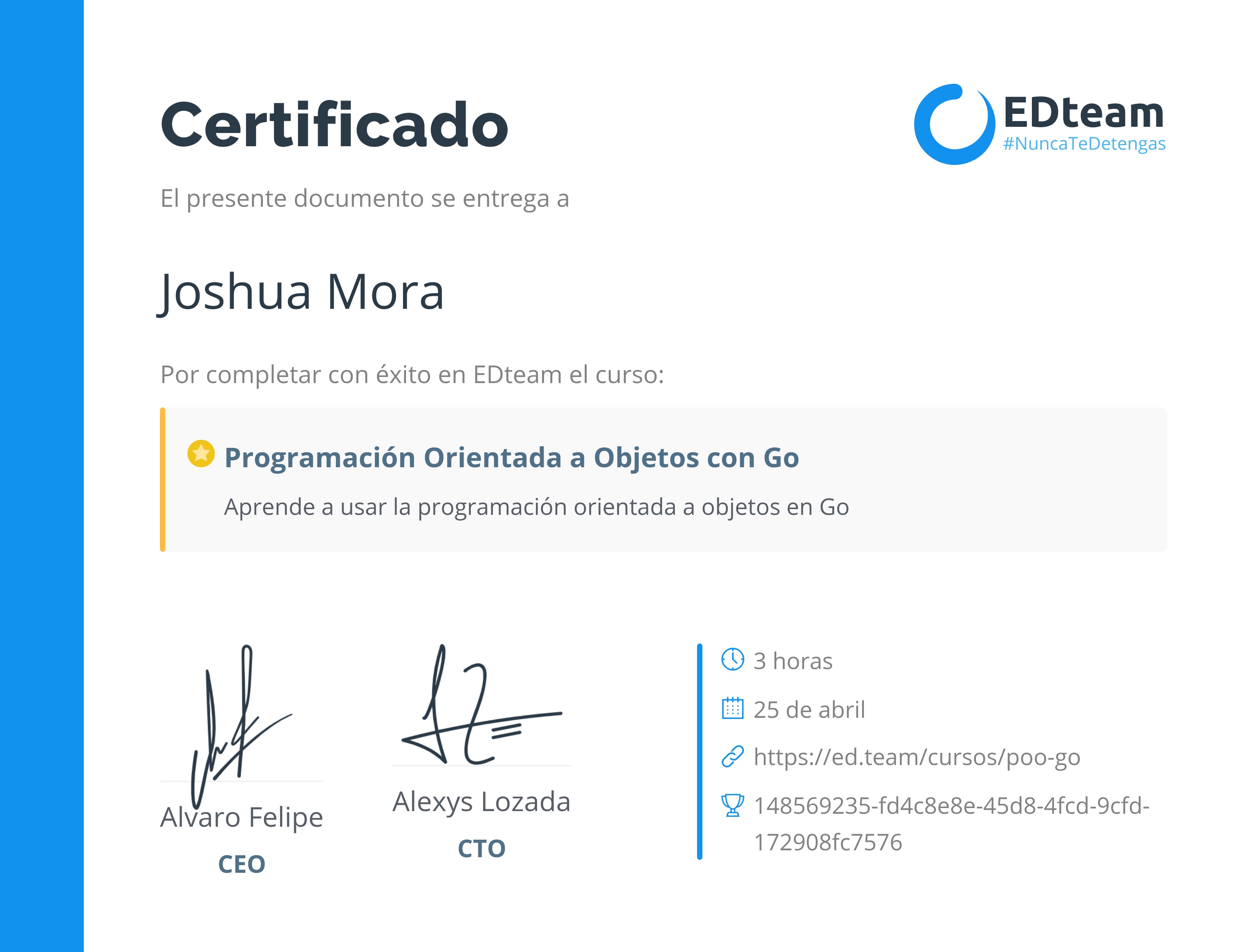 Certificado de Joshua Mora del curso Programación Orientada a Objetos con Go | EDteam