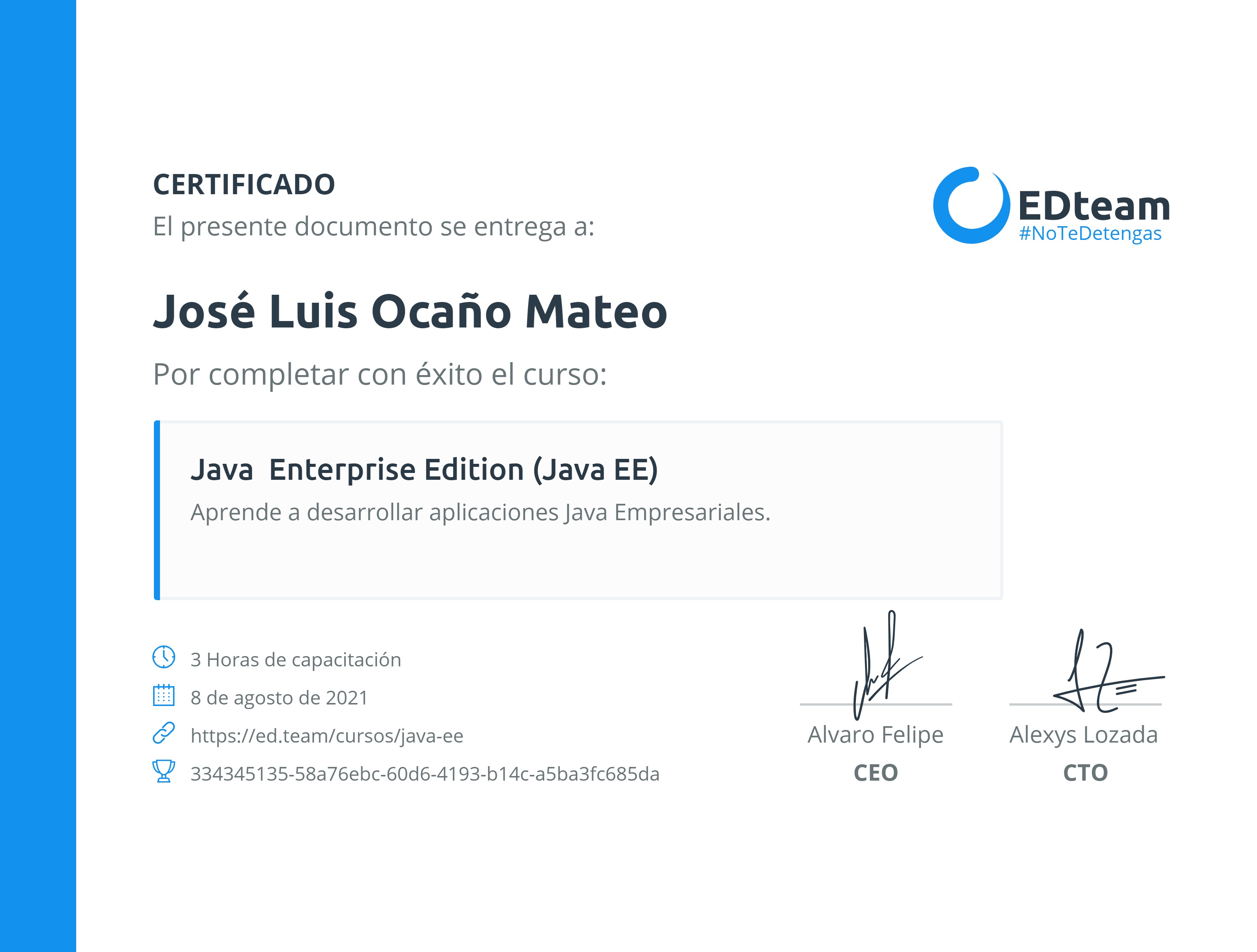 Certificado de José Luis Ocaño Mateo del curso Java Enterprise Edition ...