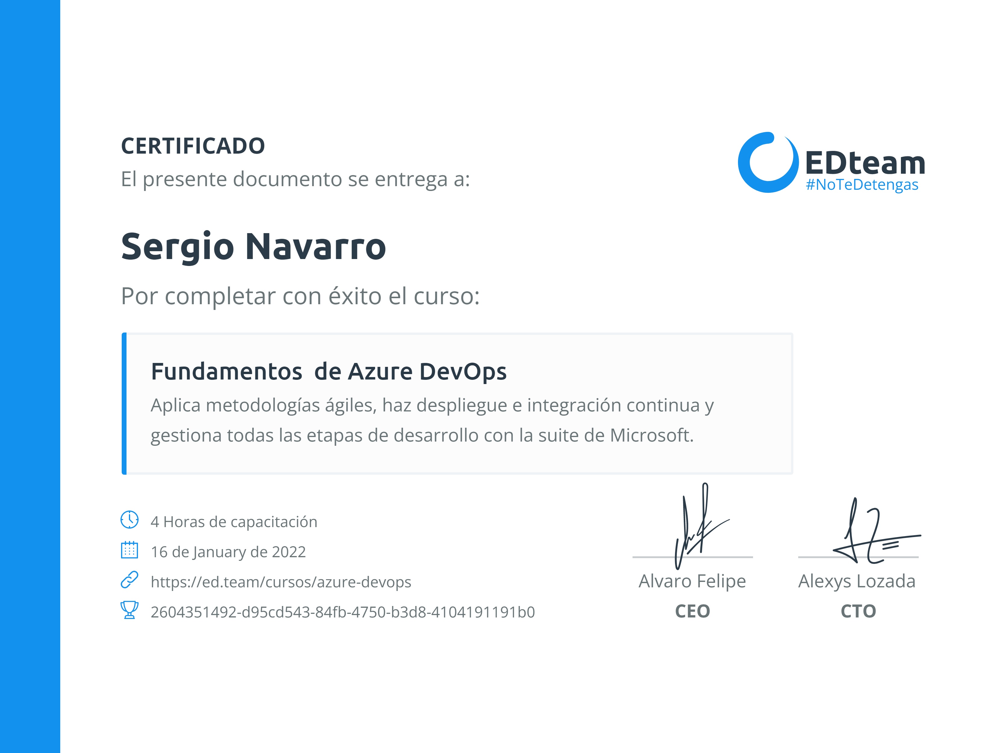 Certificado de Sergio Navarro del curso Fundamentos de Azure DevOps | EDteam