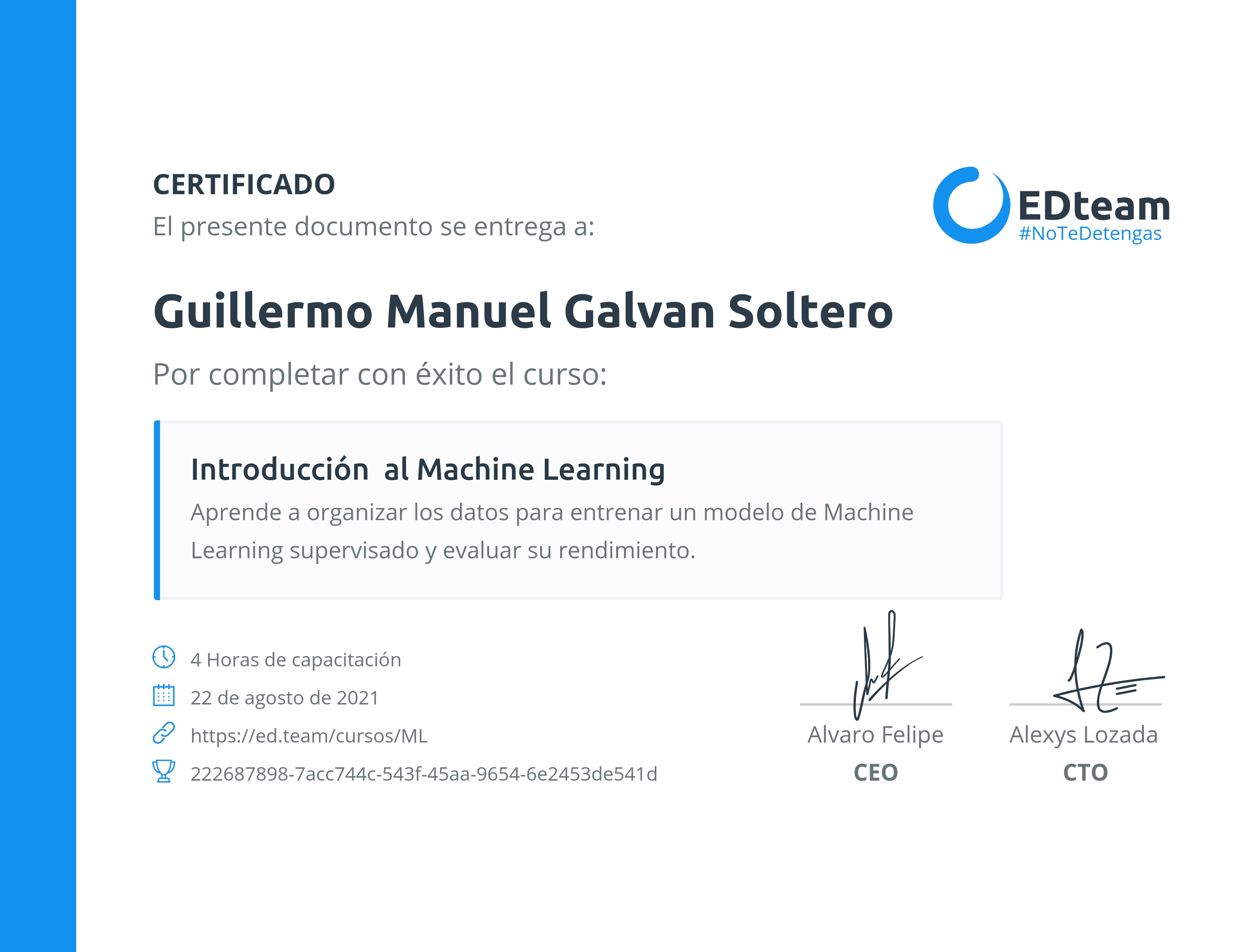 Certificado de Guillermo Manuel Galvan Soltero del curso Introducción al Machine Learning | EDteam