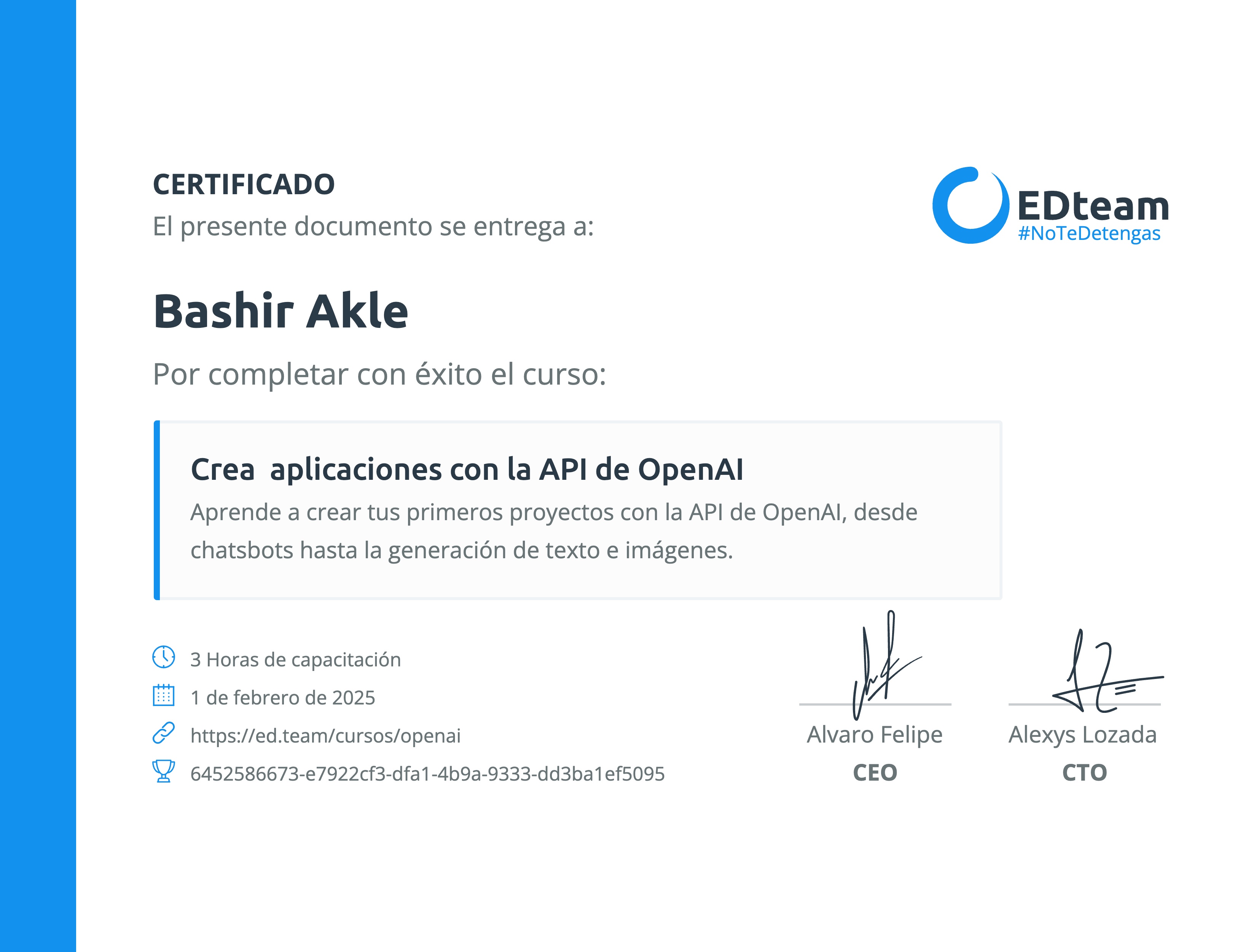 Certificado de Bashir Akle del curso Crea aplicaciones con la API de OpenAI | EDteam