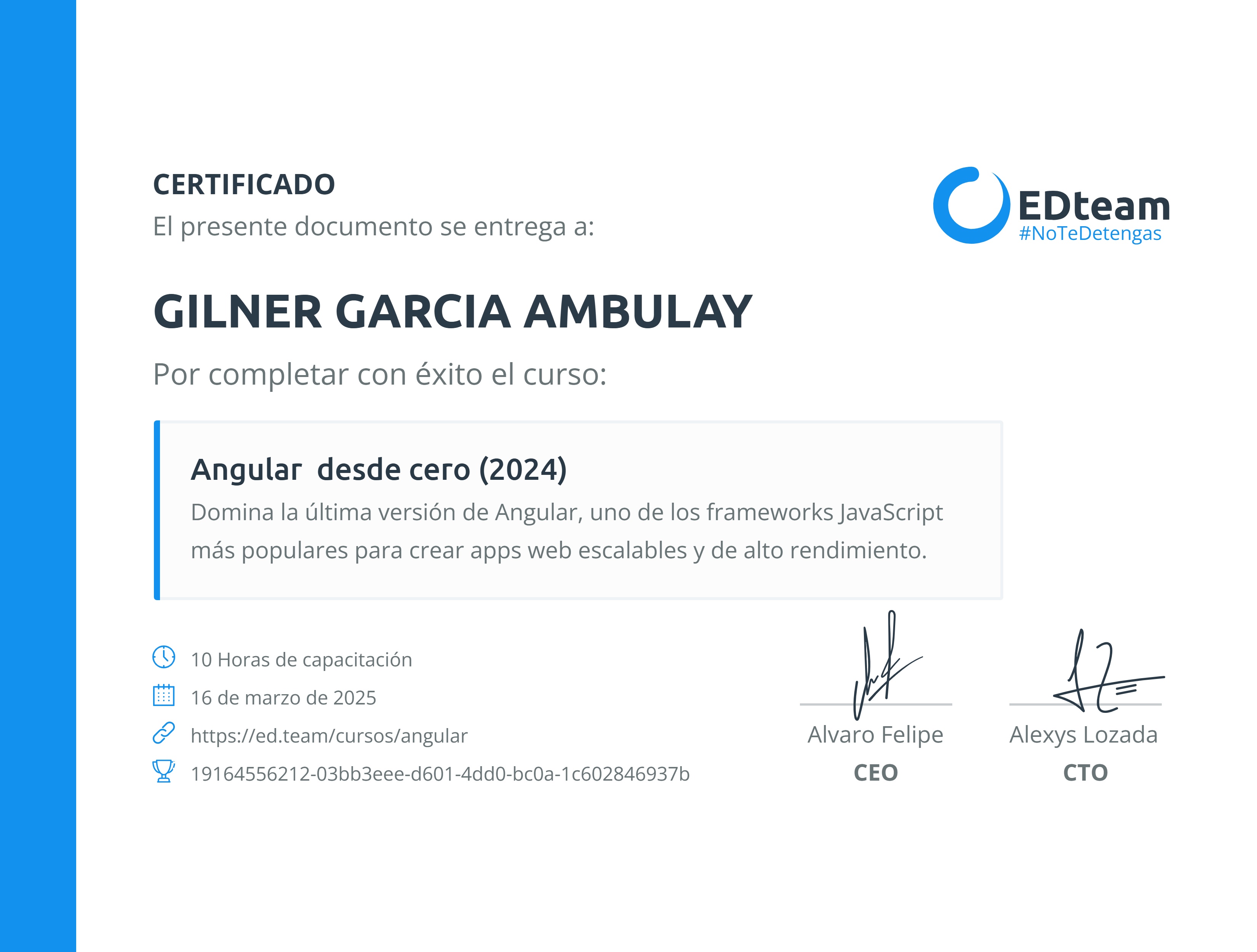 Certificado de Oscar Alejandro Tipacti Collachagua del curso Angular desde cero (2024) | EDteam