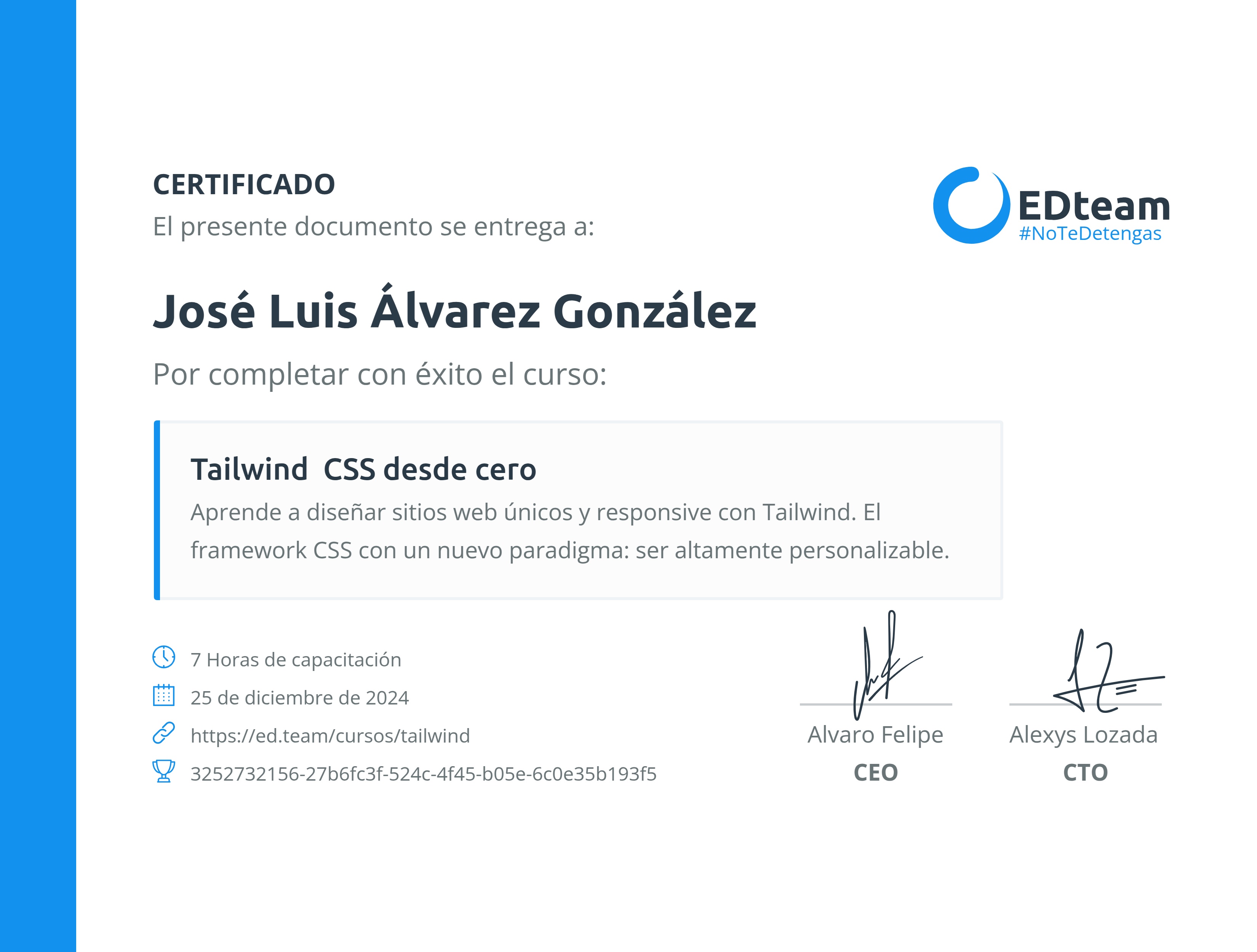 Certificado de José Luis Álvarez González del curso Tailwind CSS desde cero | EDteam