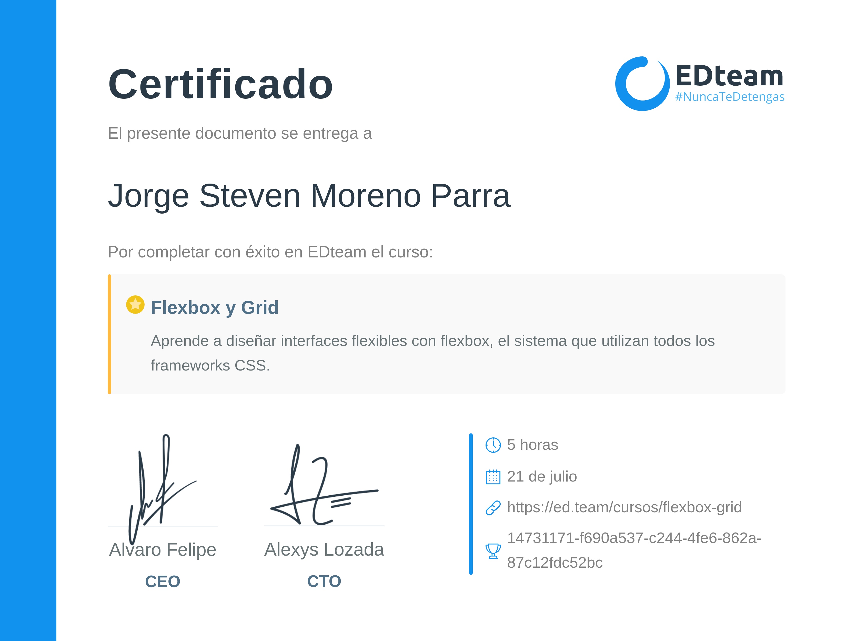 Certificado de Jorge Steven Moreno Parra del curso Flexbox y Grid | EDteam
