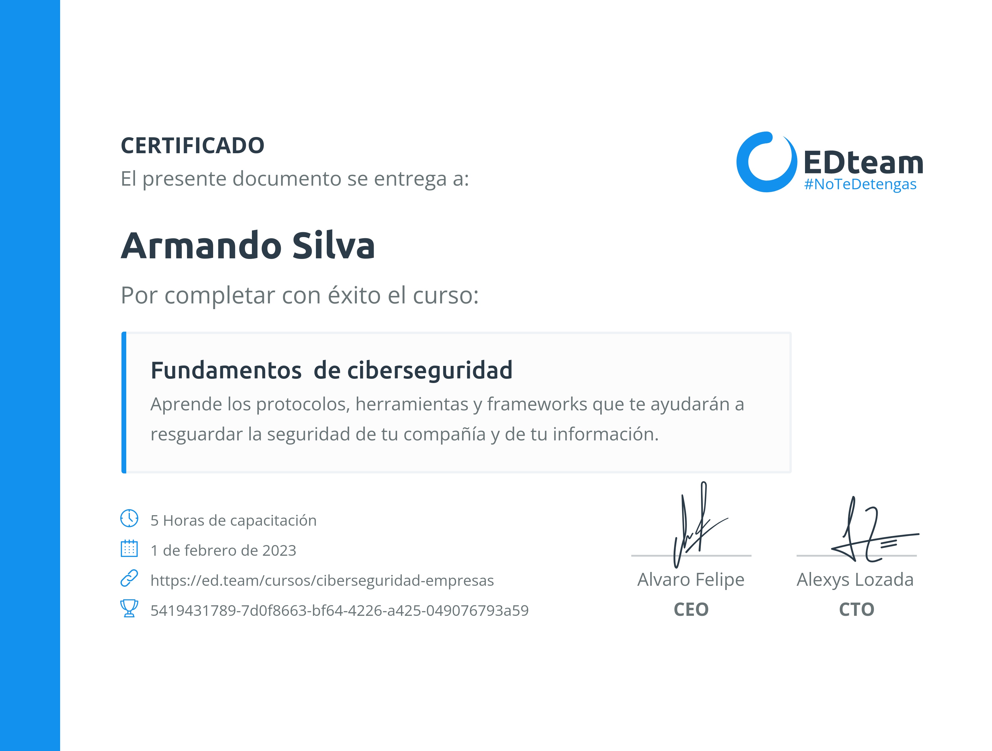 Certificado de Armando Silva del curso Fundamentos de ciberseguridad ...