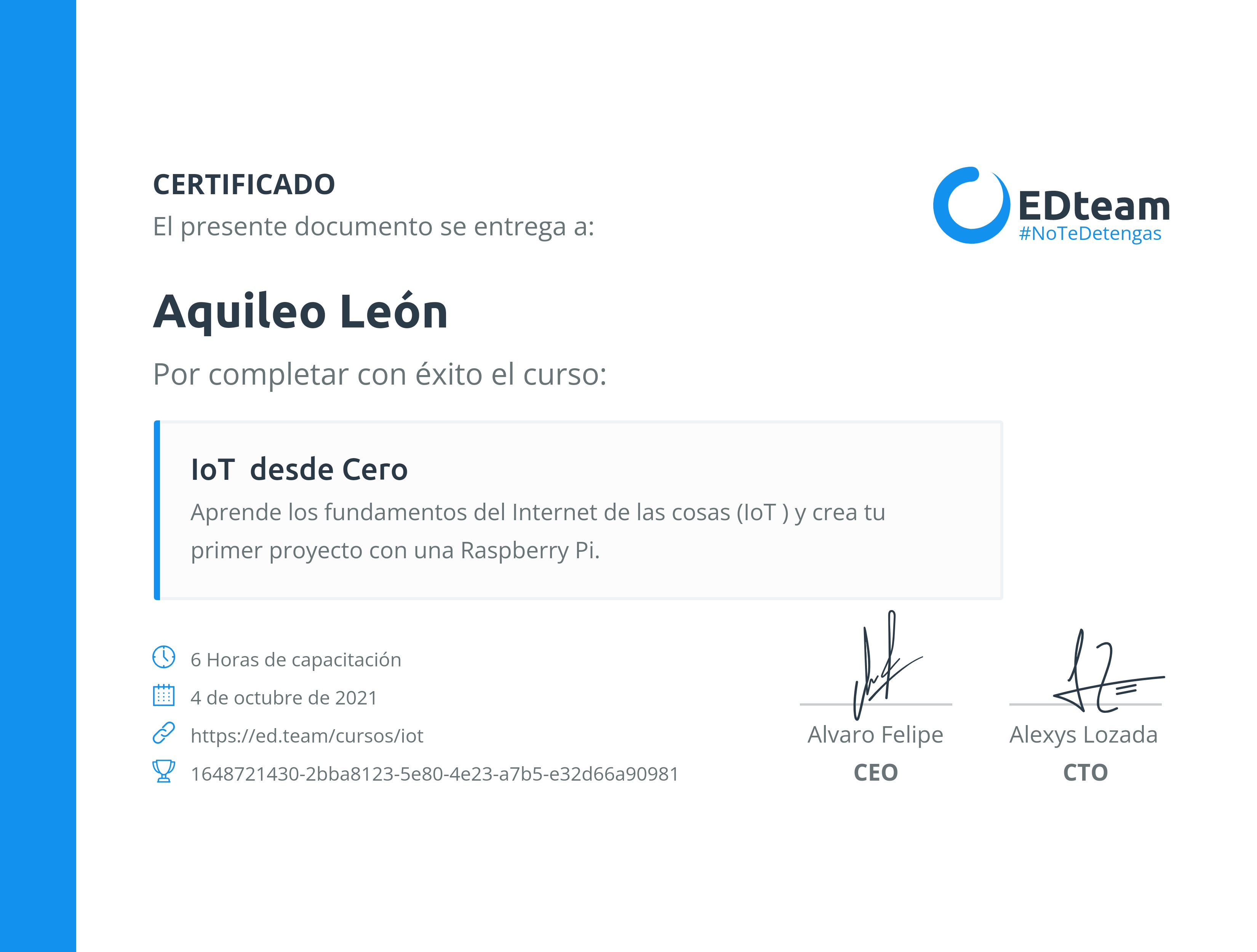 Certificado de Aquileo León del curso IoT desde Cero | EDteam