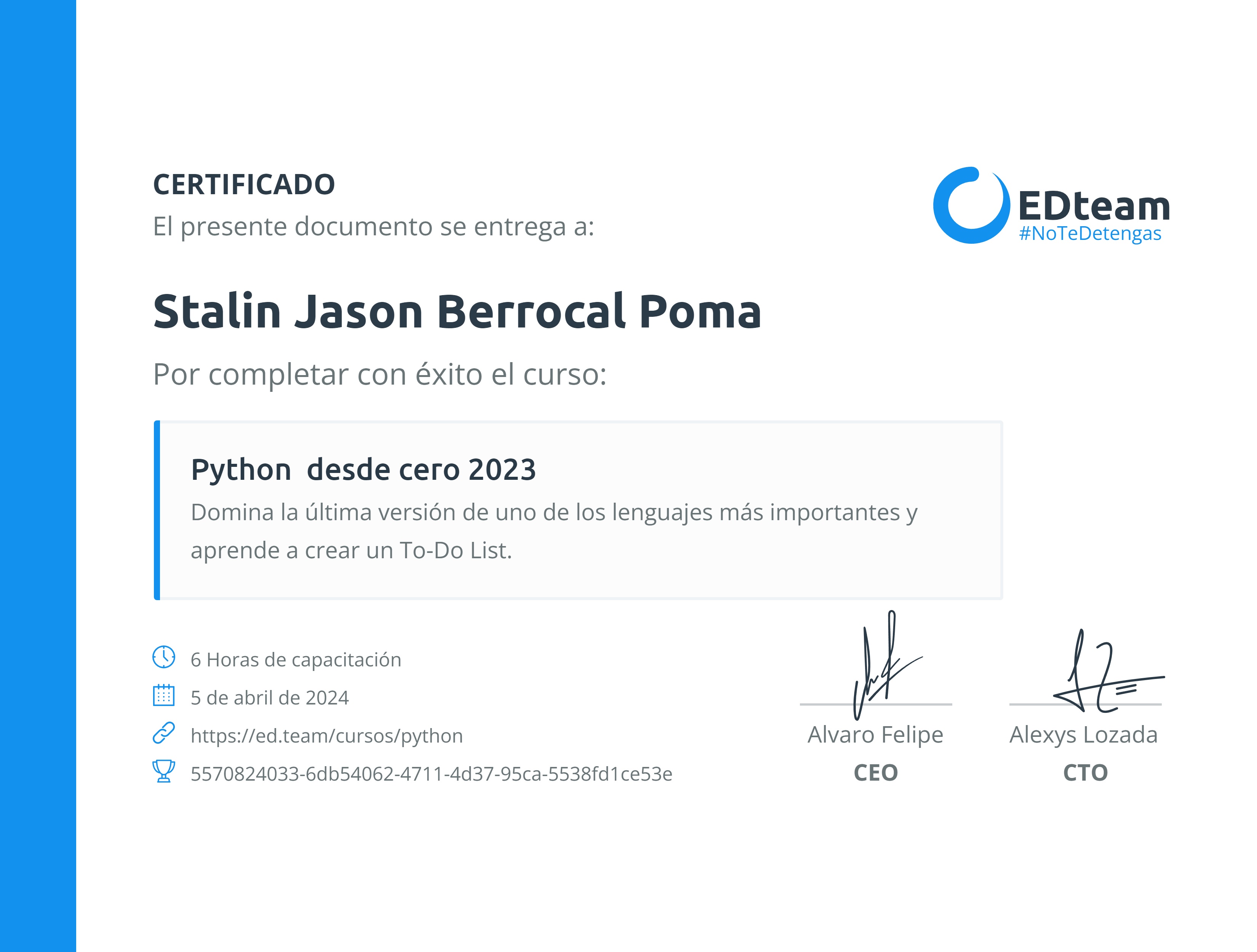 Certificado de Stalin Jason Berrocal Poma del curso Python desde cero 2023 | EDteam