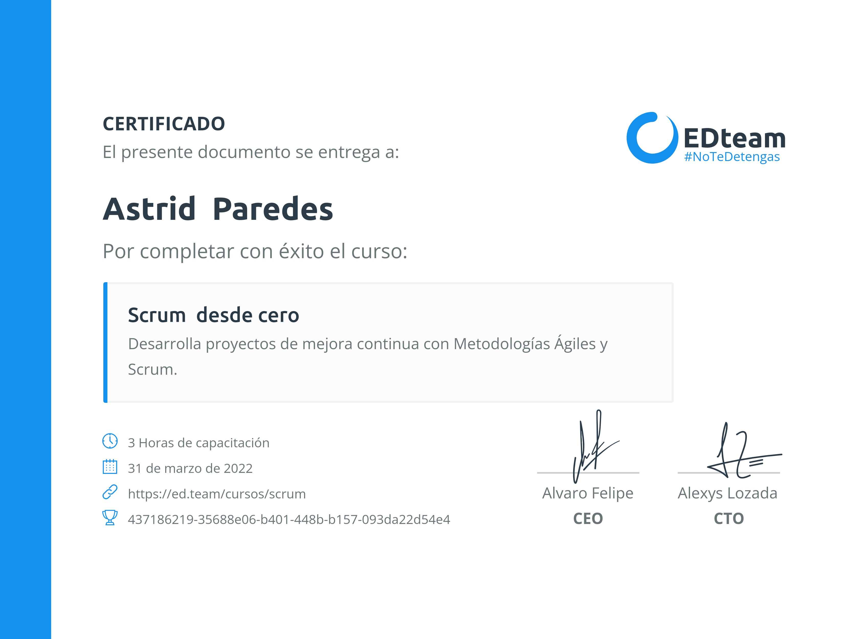 Certificado de Astrid Paredes del curso Scrum desde cero | EDteam