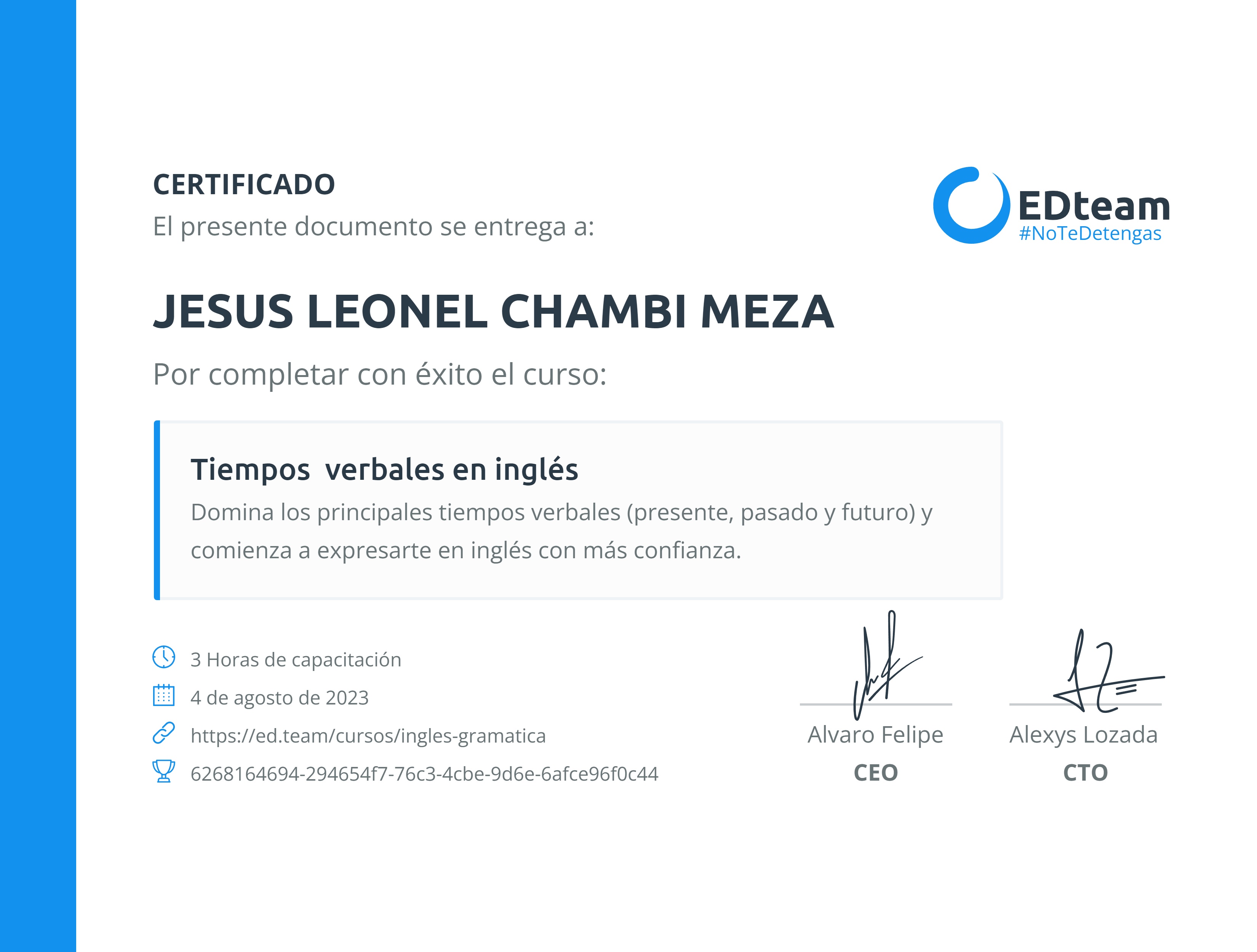 Certificado de JESUS LEONEL CHAMBI MEZA del curso Tiempos verbales en inglés | EDteam