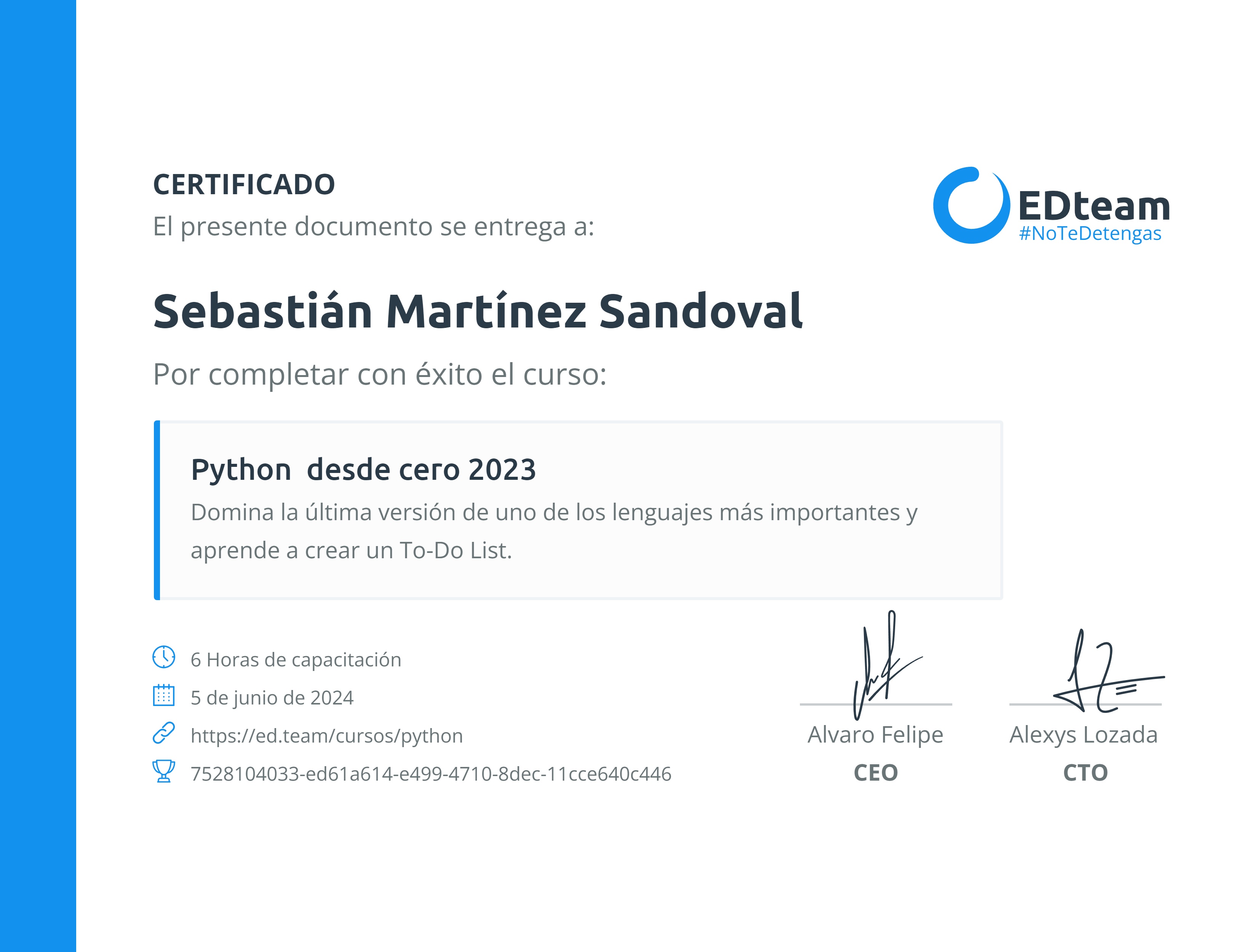 Certificado de Sebastián Martínez Sandoval del curso Python desde cero 2023 | EDteam
