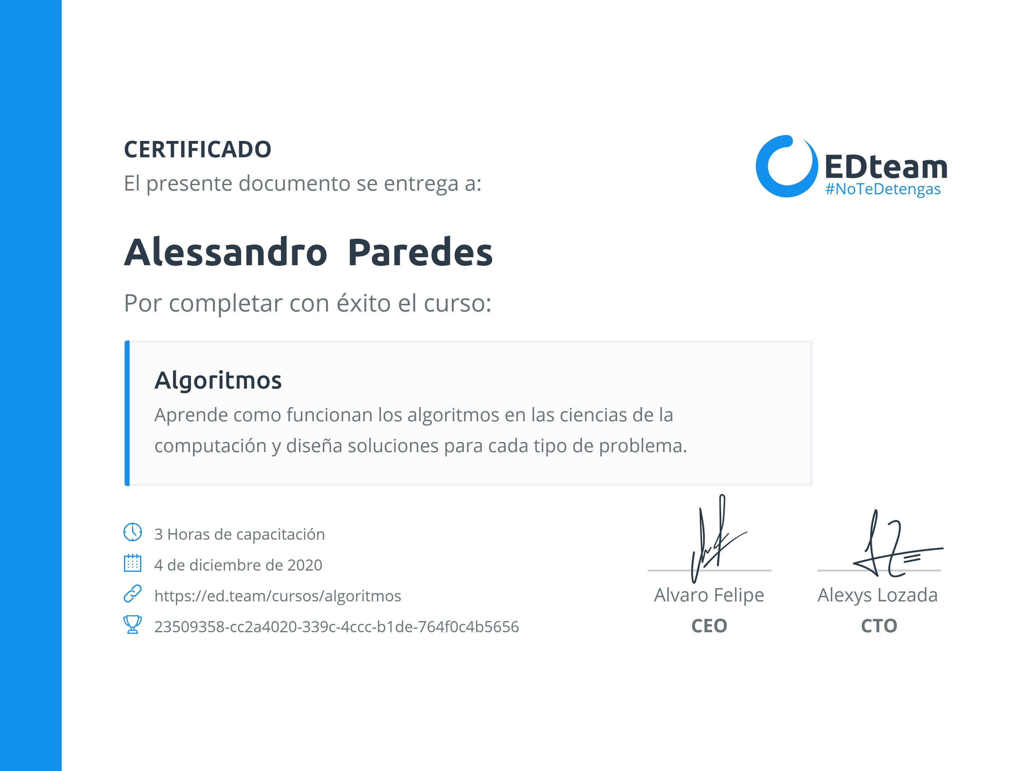Certificado de Alessandro Paredes del curso Algoritmos (2018) | EDteam