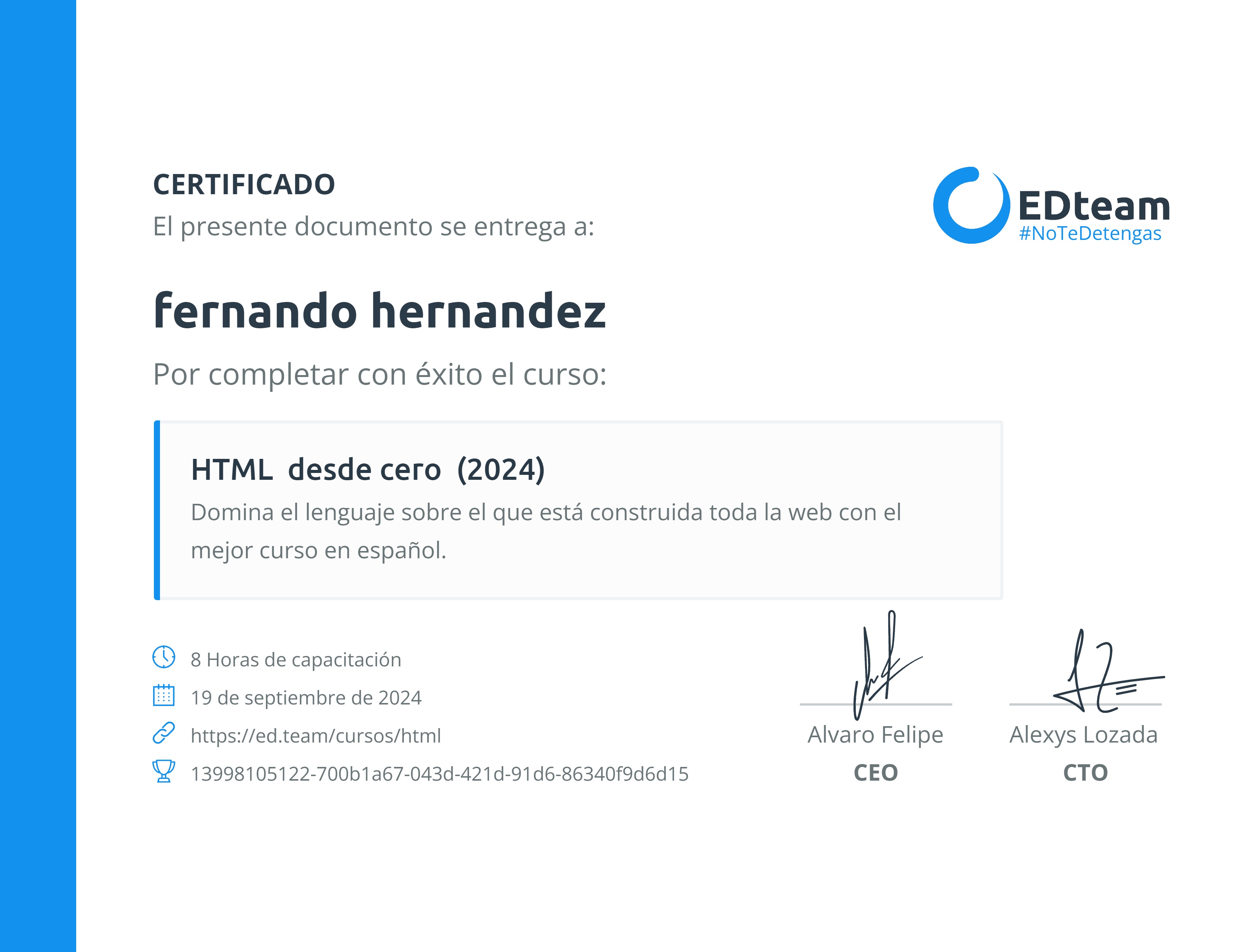 Certificado de fernando hernandez del curso HTML desde cero (2024) | EDteam