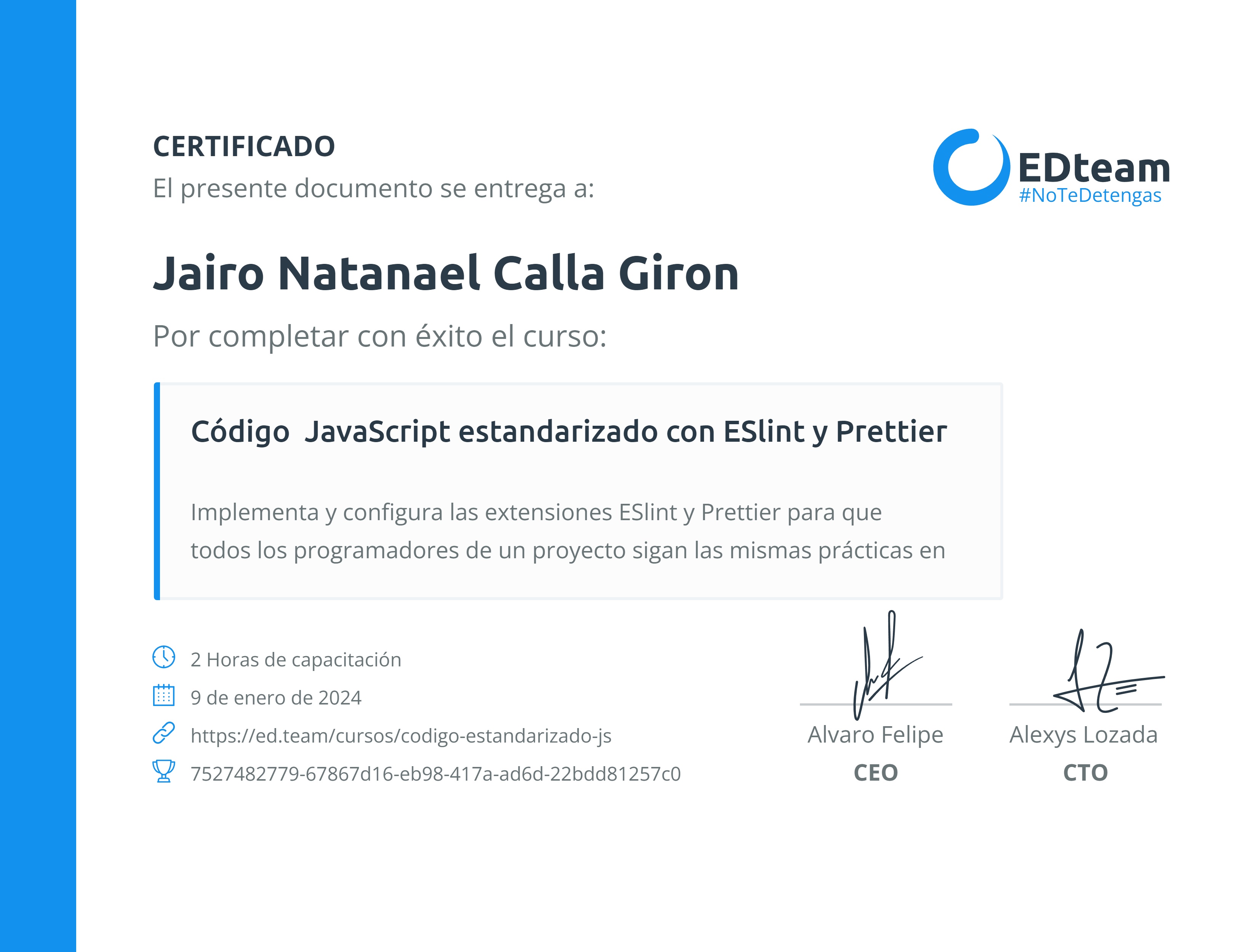 Certificado de Jairo Natanael Calla Giron del curso Código JavaScript ...