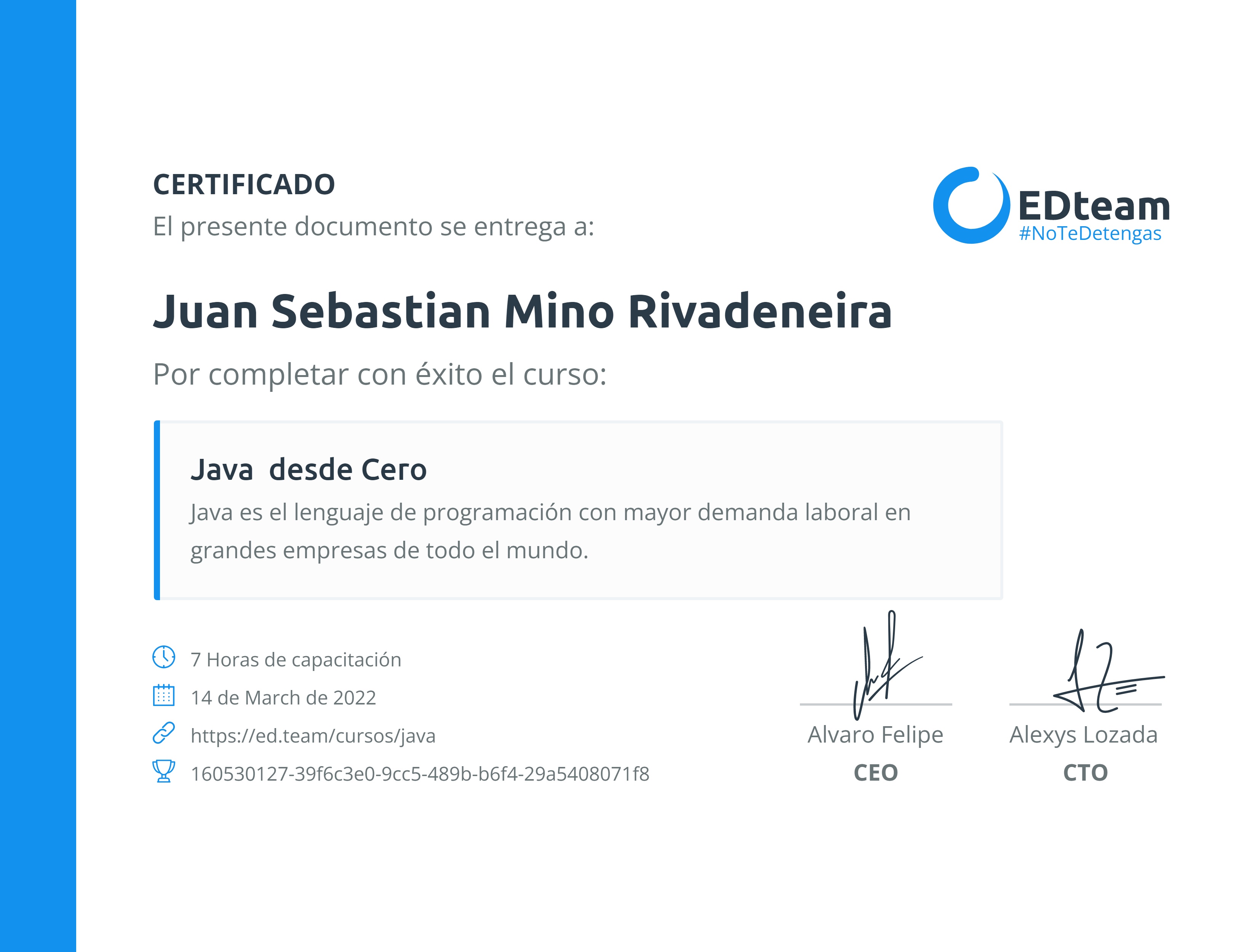 Certificado de Juan Sebastian Mino Rivadeneira del curso Java desde Cero 2019 | EDteam