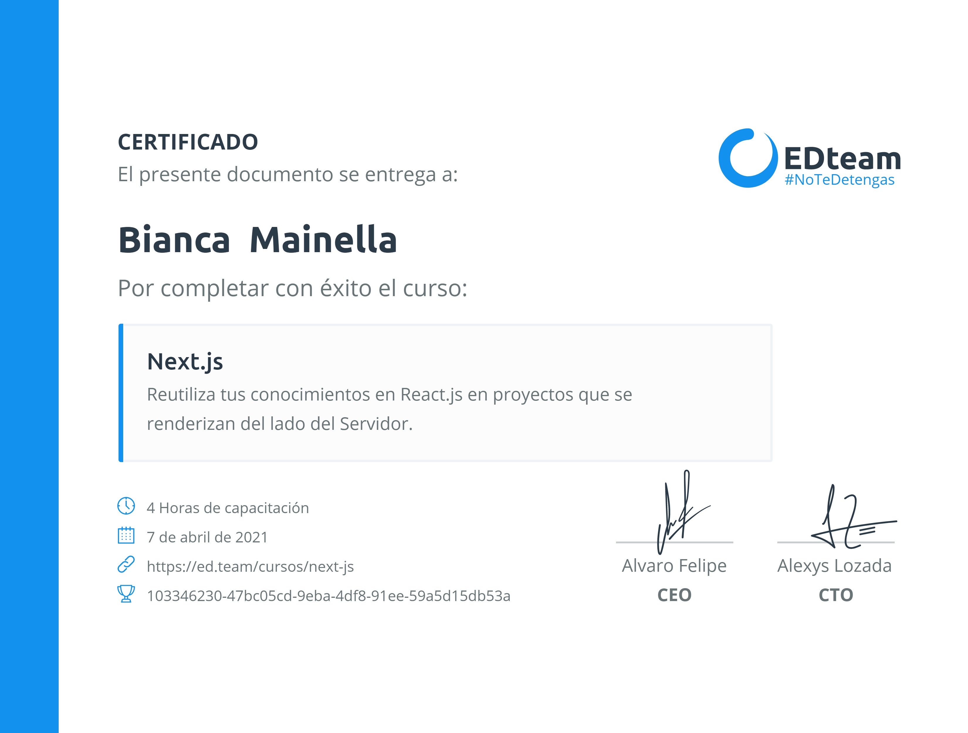 Certificado de Bianca Mainella del curso Next.js | EDteam