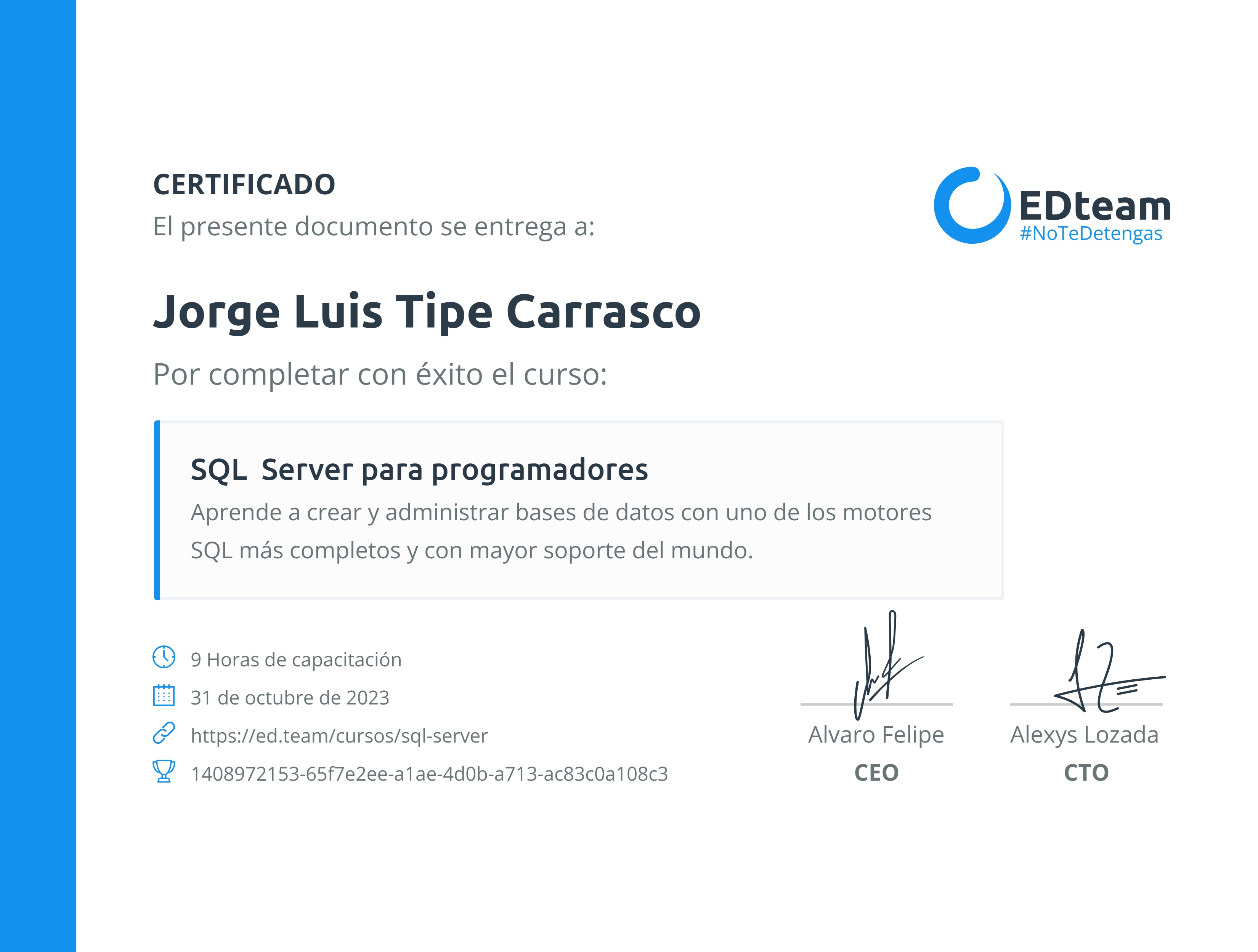 Certificado de Jorge Luis Tipe Carrasco del curso SQL Server para programadores | EDteam