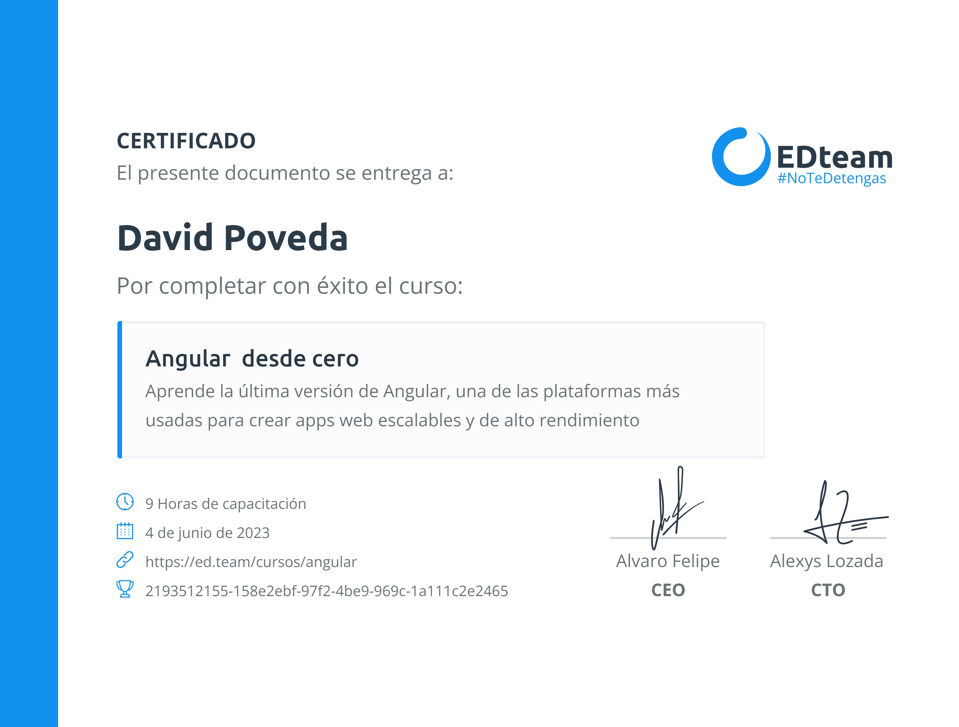 Certificado de David Poveda del curso Angular desde cero (2022) | EDteam