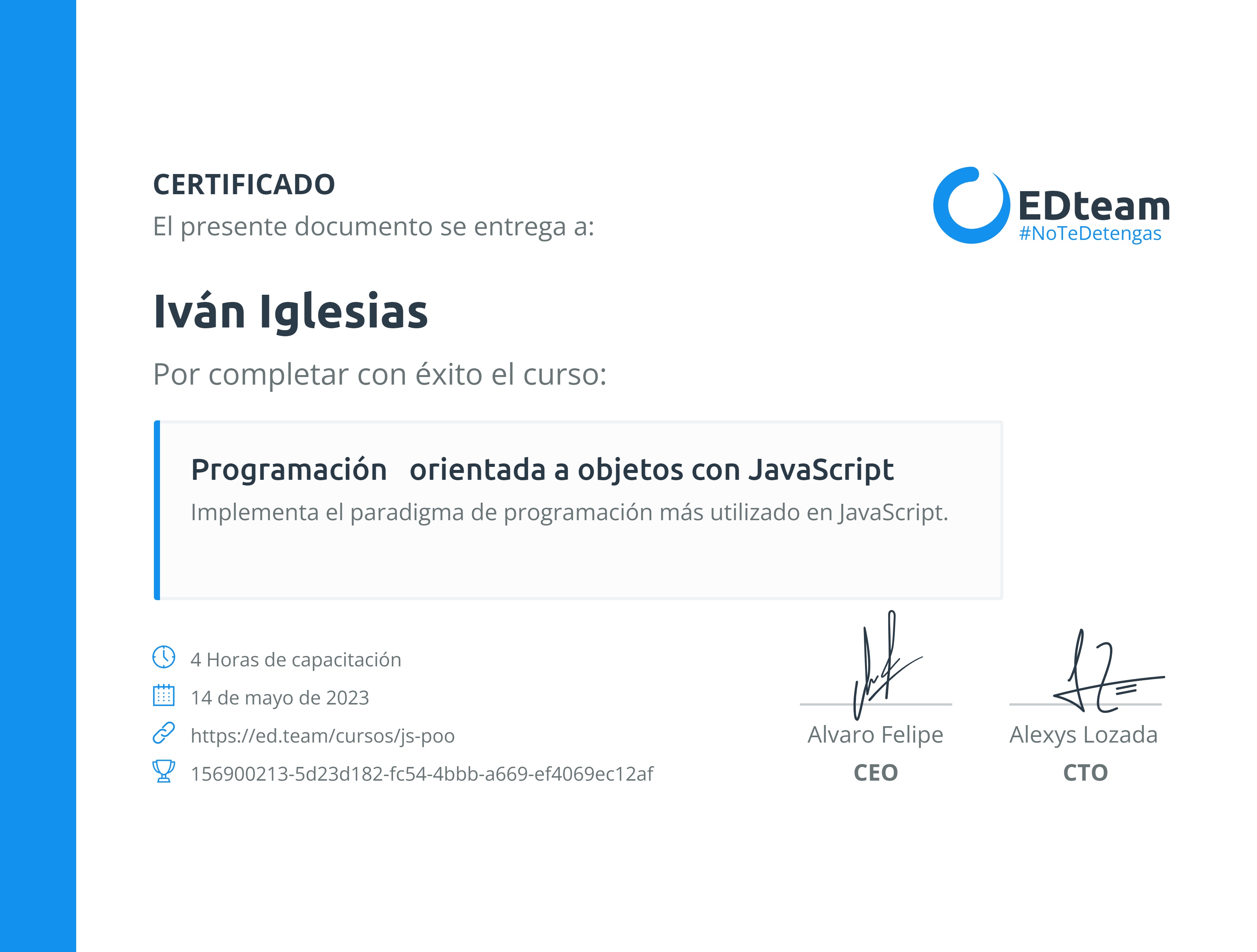Certificado de Iván Iglesias del curso Programación orientada a objetos con JavaScript | EDteam