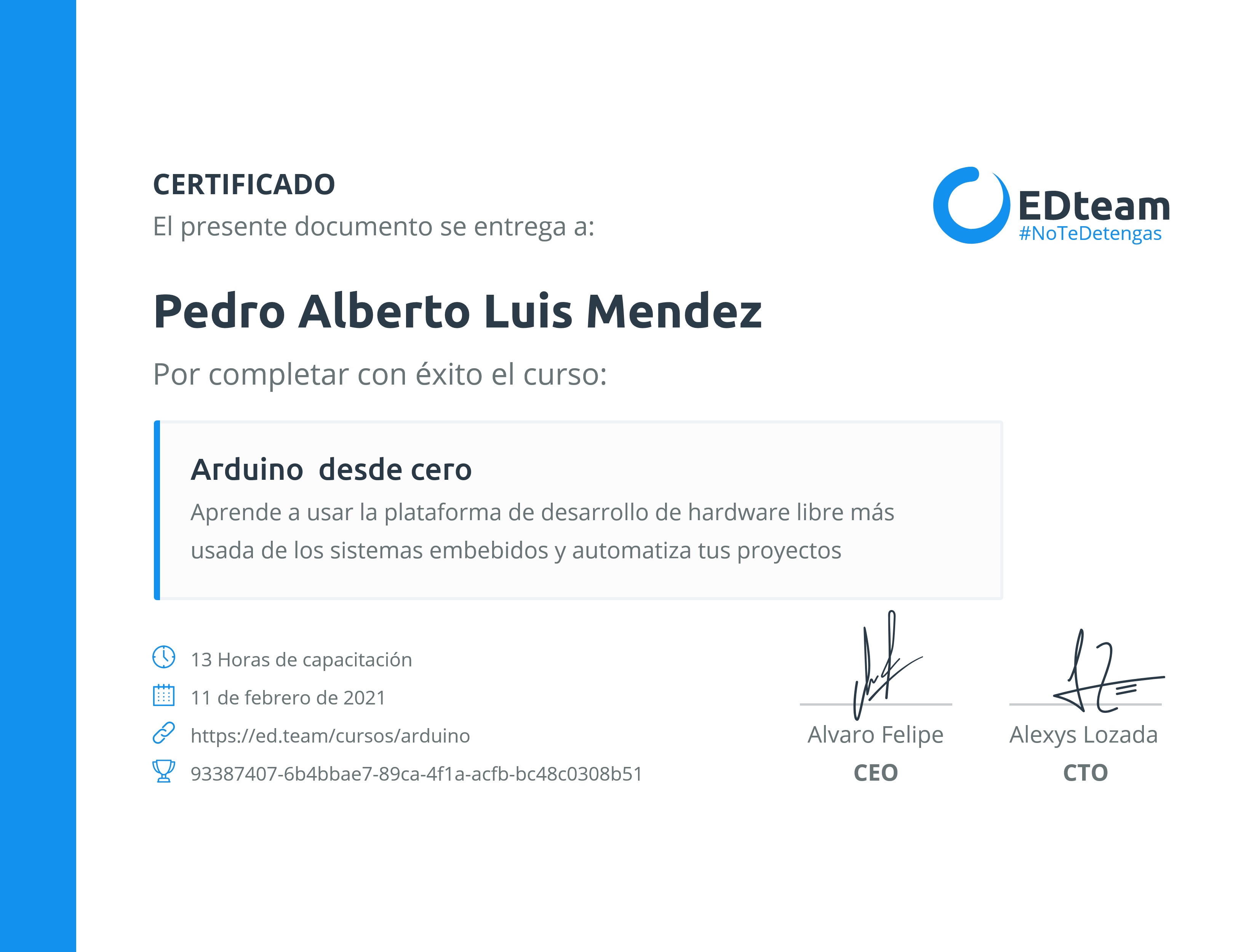 Certificado de Pedro Luis del curso Arduino desde cero | EDteam