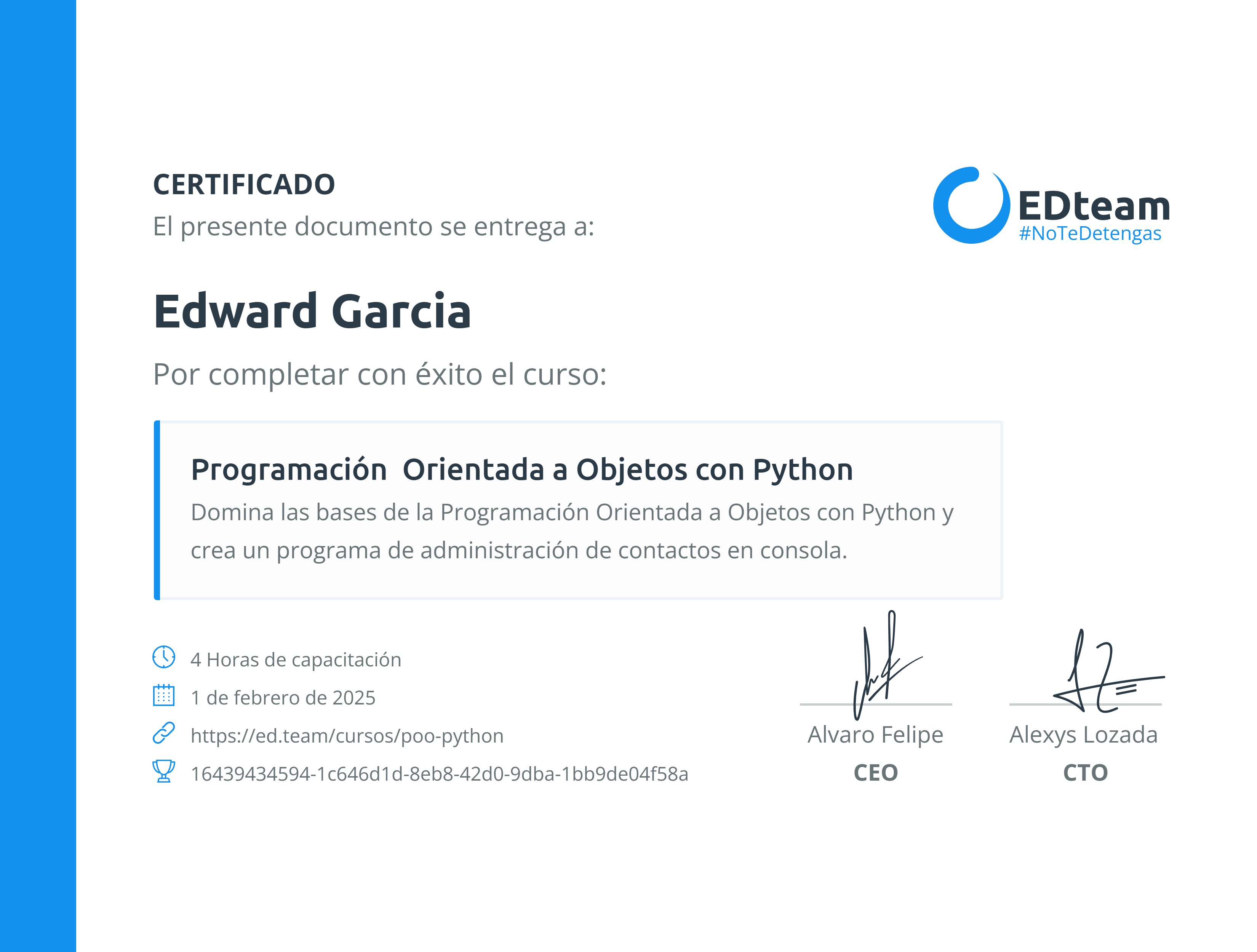 Certificado de Edward Garcia del curso Programación Orientada a Objetos con Python | EDteam