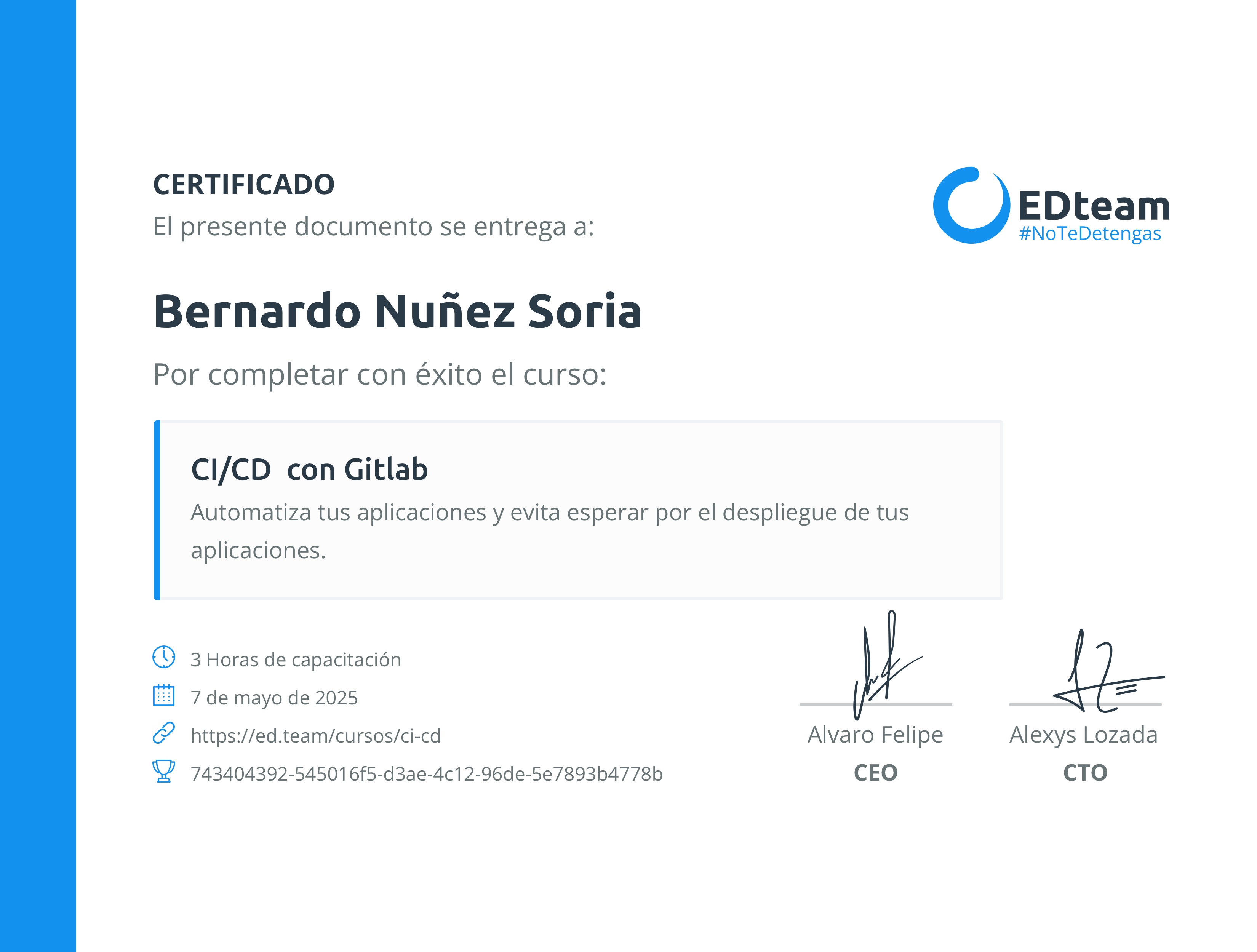Certificado de Bernardo Nuñez Soria del curso CI/CD con Gitlab | EDteam