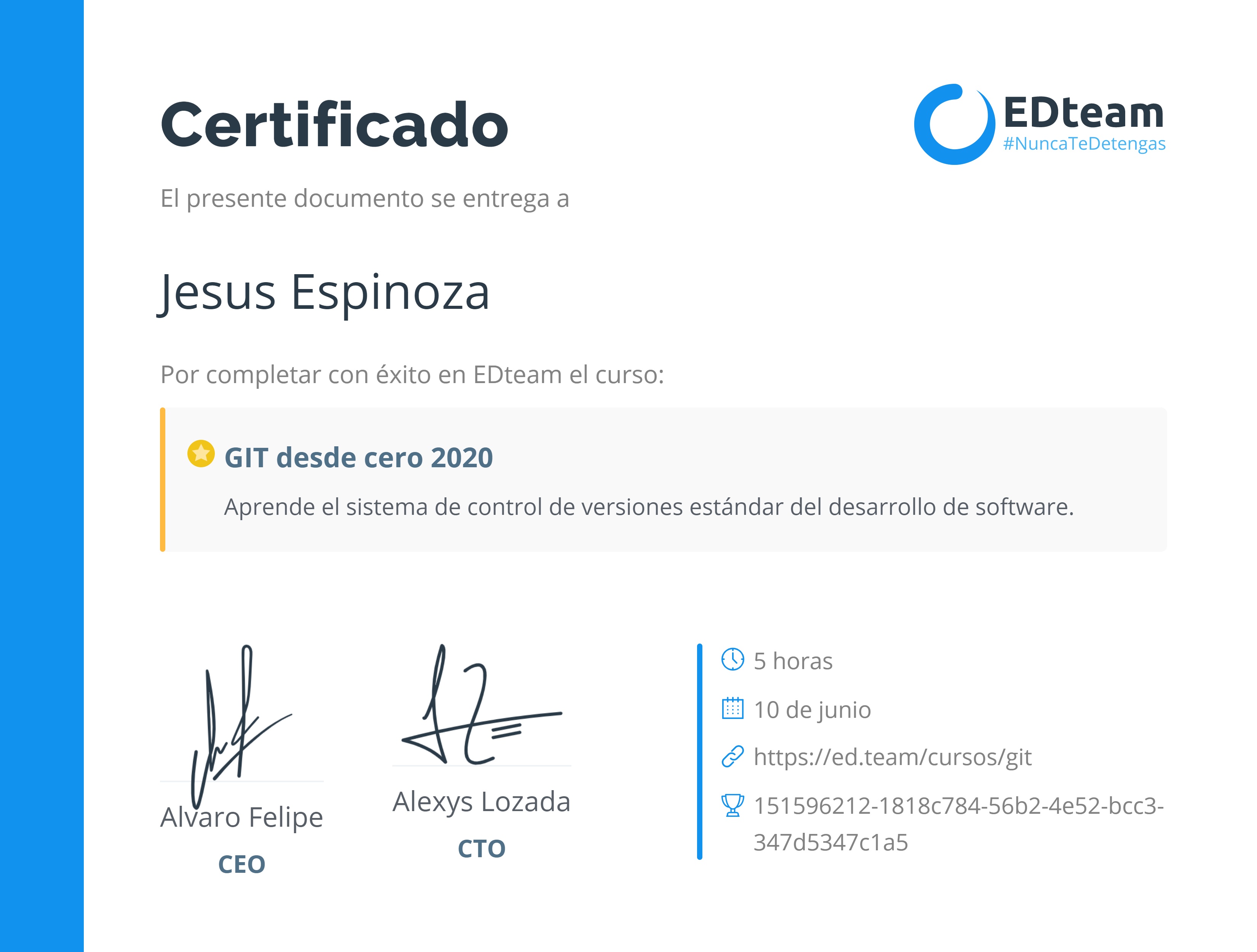 Certificado de Jesus Espinoza del curso GIT desde cero | EDteam
